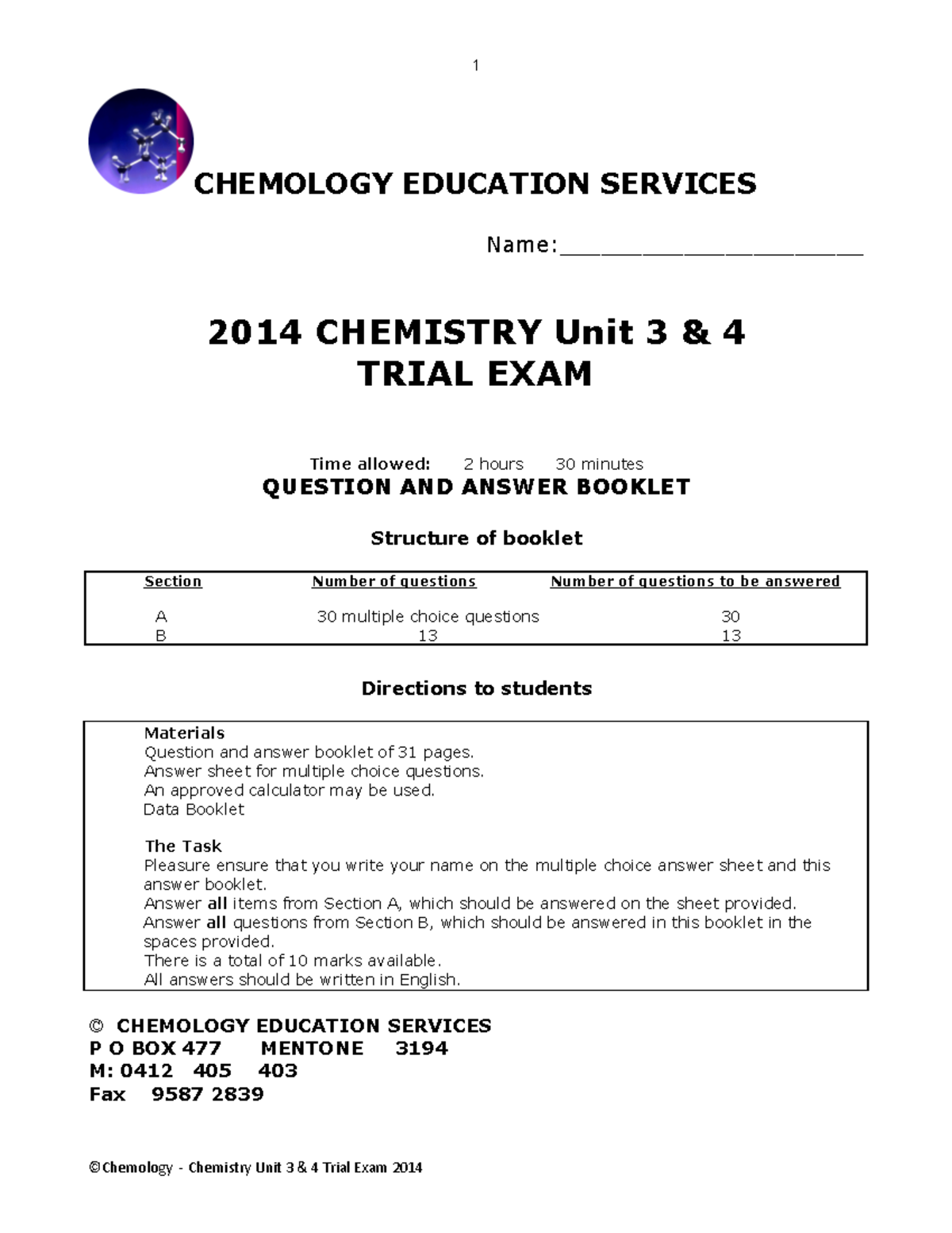 2014 chemology units 3 4 with solutions - CHEMOLOGY EDUCATION SERVICES ...