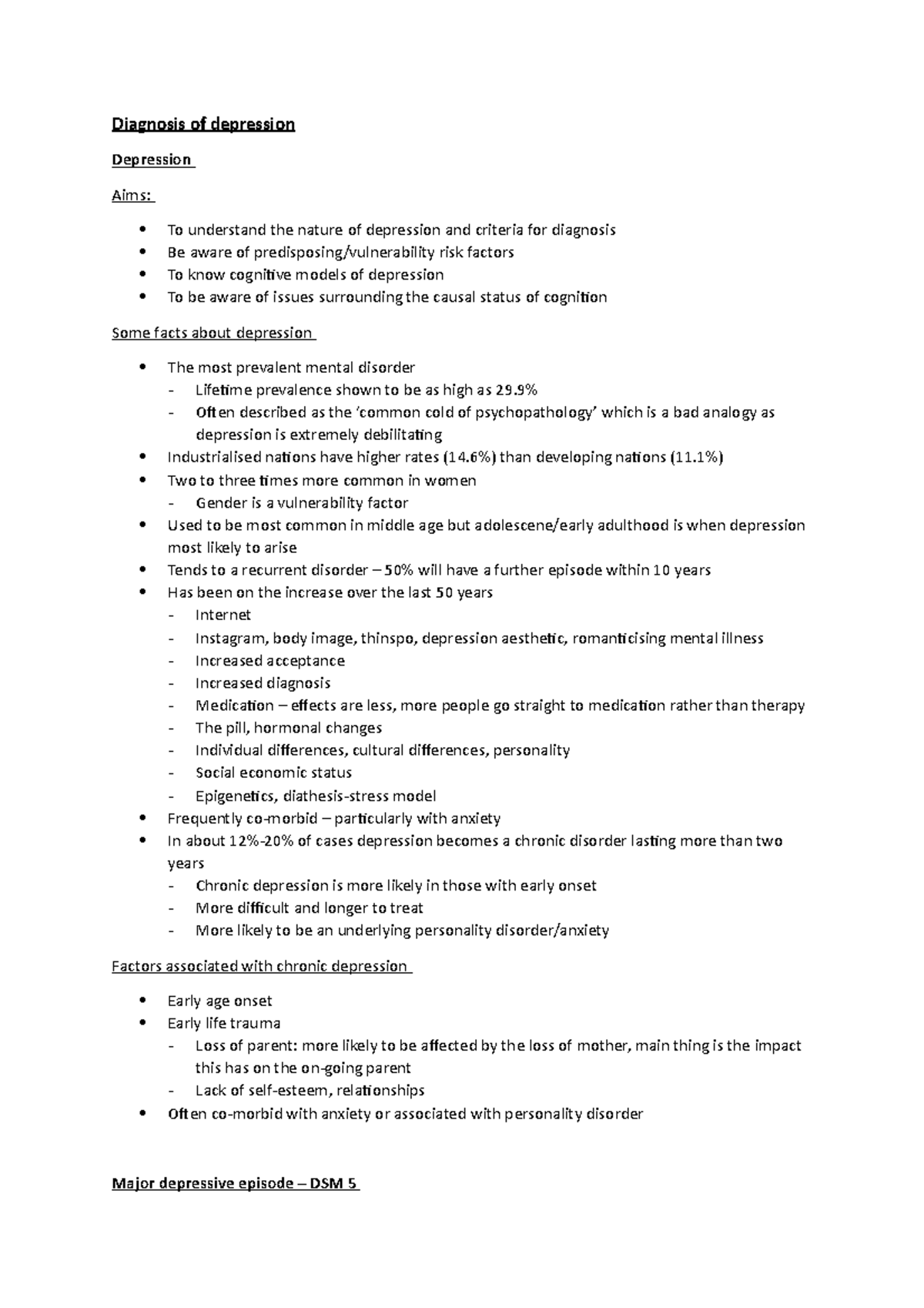 Lecture 3 - Depression DSM - Diagnosis of depression Depression Aims ...