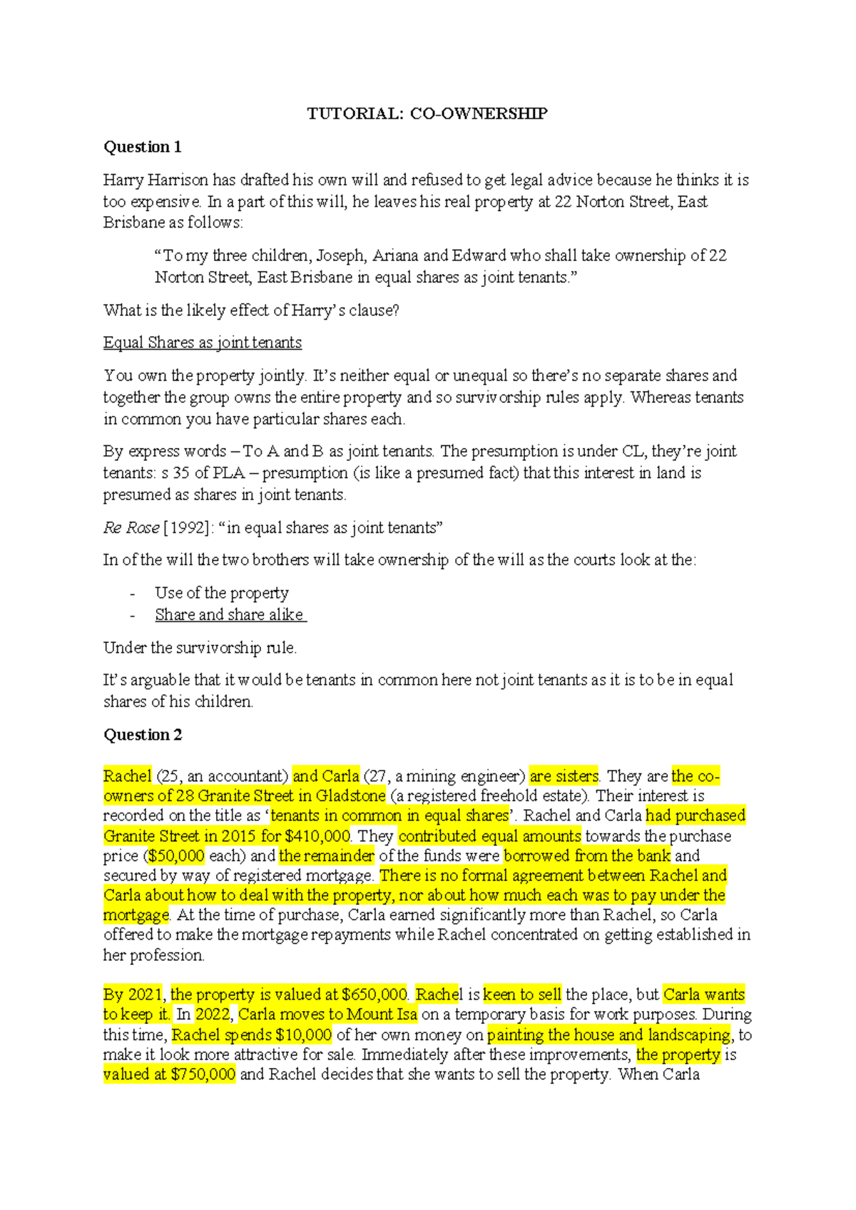 Topic 3 Co-ownership tutorial questions - TUTORIAL: CO-OWNERSHIP ...