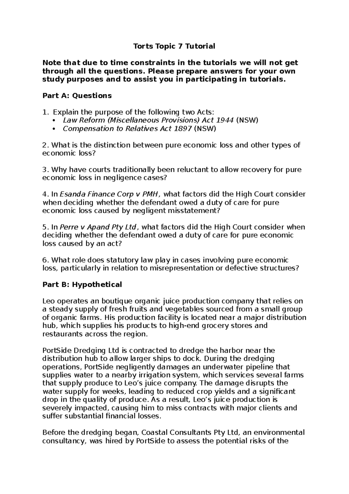 Torts 2024 Topic 7 Tutorial - Torts Topic 7 Tutorial Note that due to ... Torts 2024 Topic 7 Tutorial - Torts Topic 7 Tutorial Note that due to ...