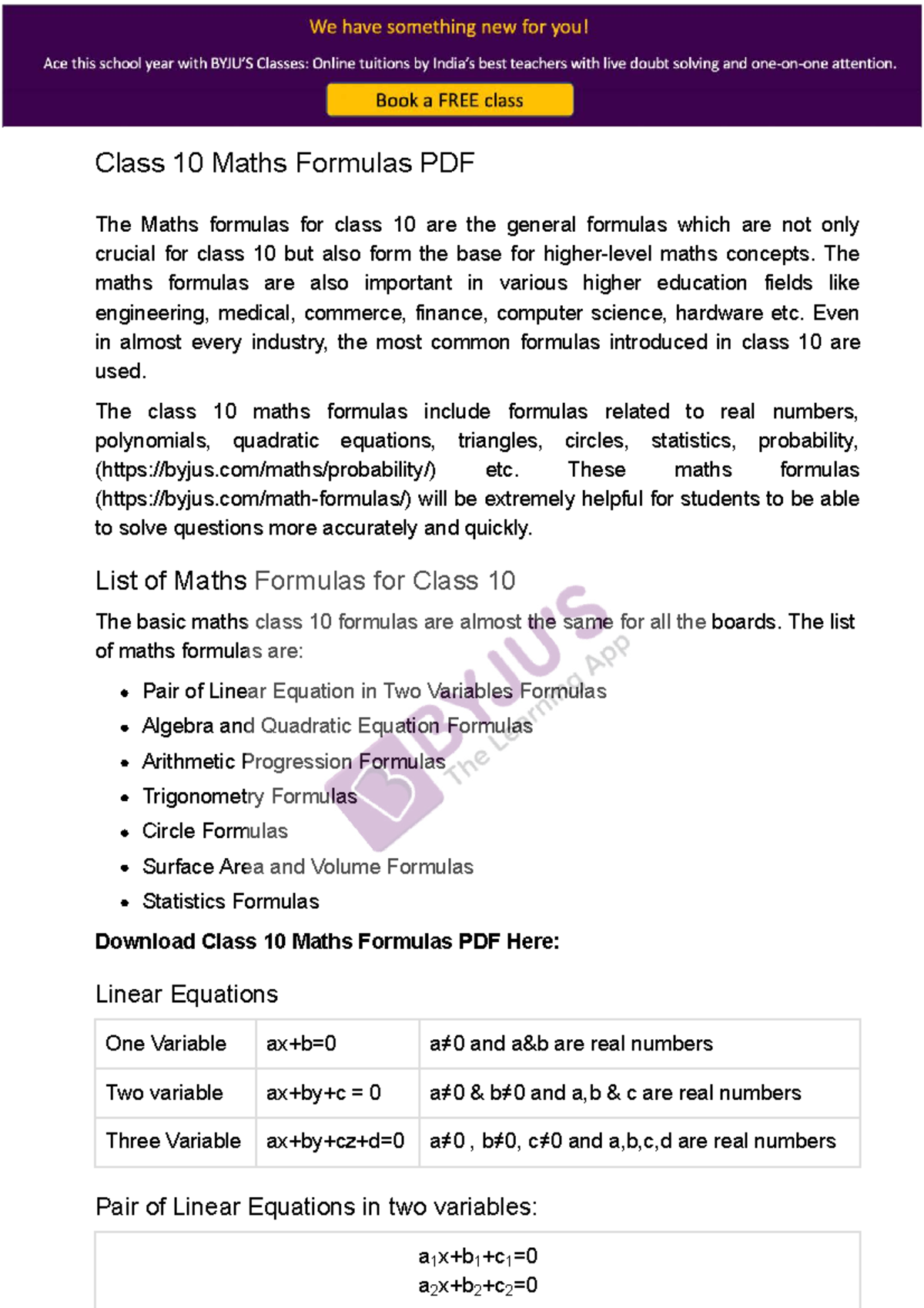 Maths Formulas For Class 10 PDF - Class 10 Maths Formulas PDF The Maths ...