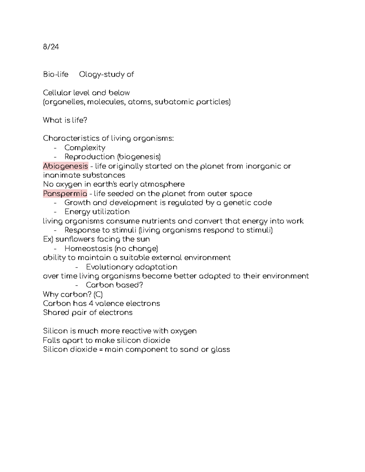 Bio lecture 1, Dr Rossi - 8/ Bio-life Ology-study of Cellular level and below (organelles, - Studocu