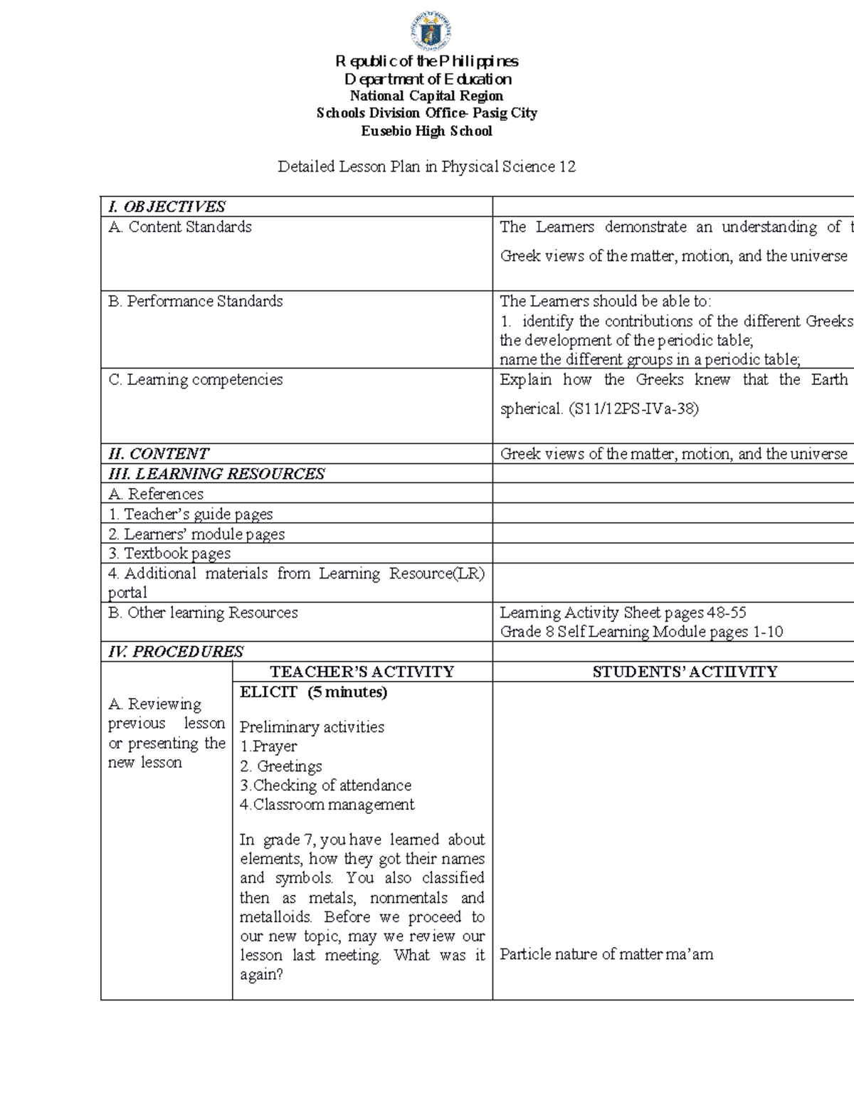 Detailed Lesson Plan in Physical Science 12 - D epartment of E ducation ...