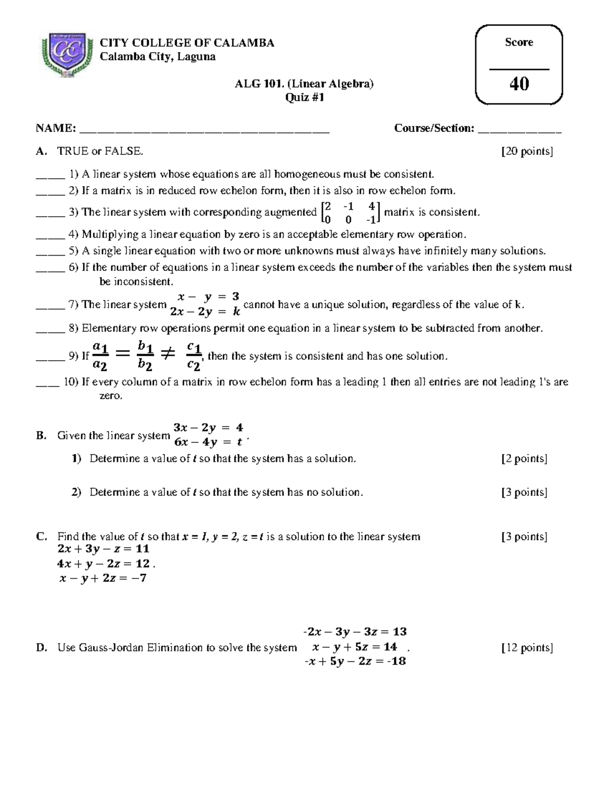 Quiz-No - Linear algebra quiz number 3 - CITY COLLEGE OF CALAMBA ...