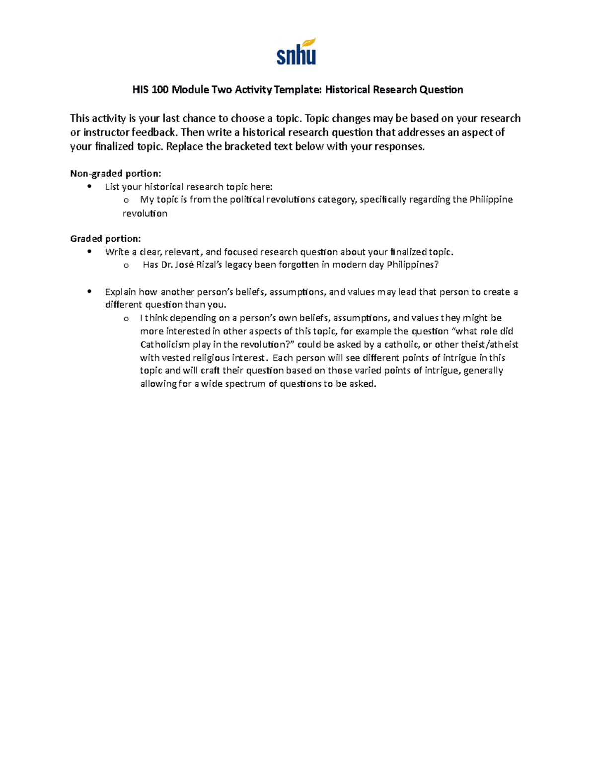 Module Two Activity Research Question HIS 100 - HIS 100 Module Two ...