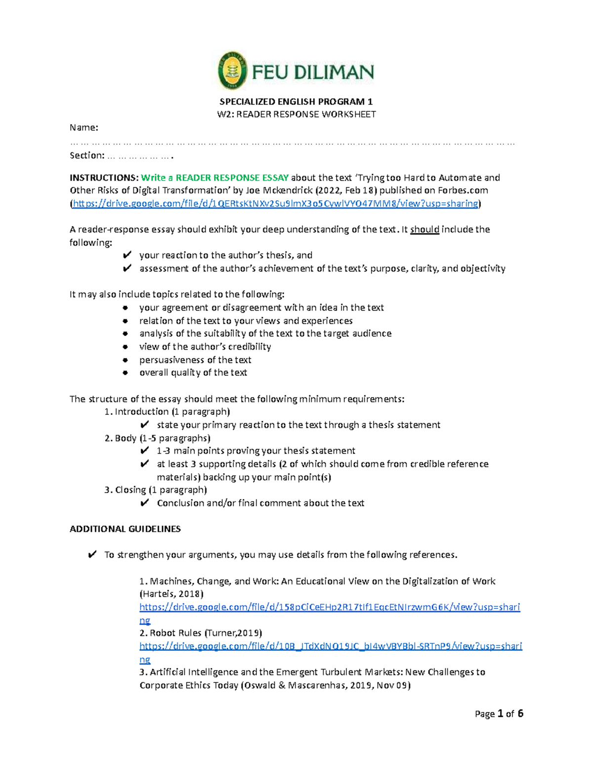 finals english essay - W2: READER RESPONSE WORKSHEET Name: - Studocu