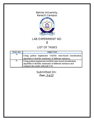 LAB1 CC - lab course - Bahria University, Karachi Campus LAB EXPERIMENT NO. 1 LIST OF TASKS TASK ...