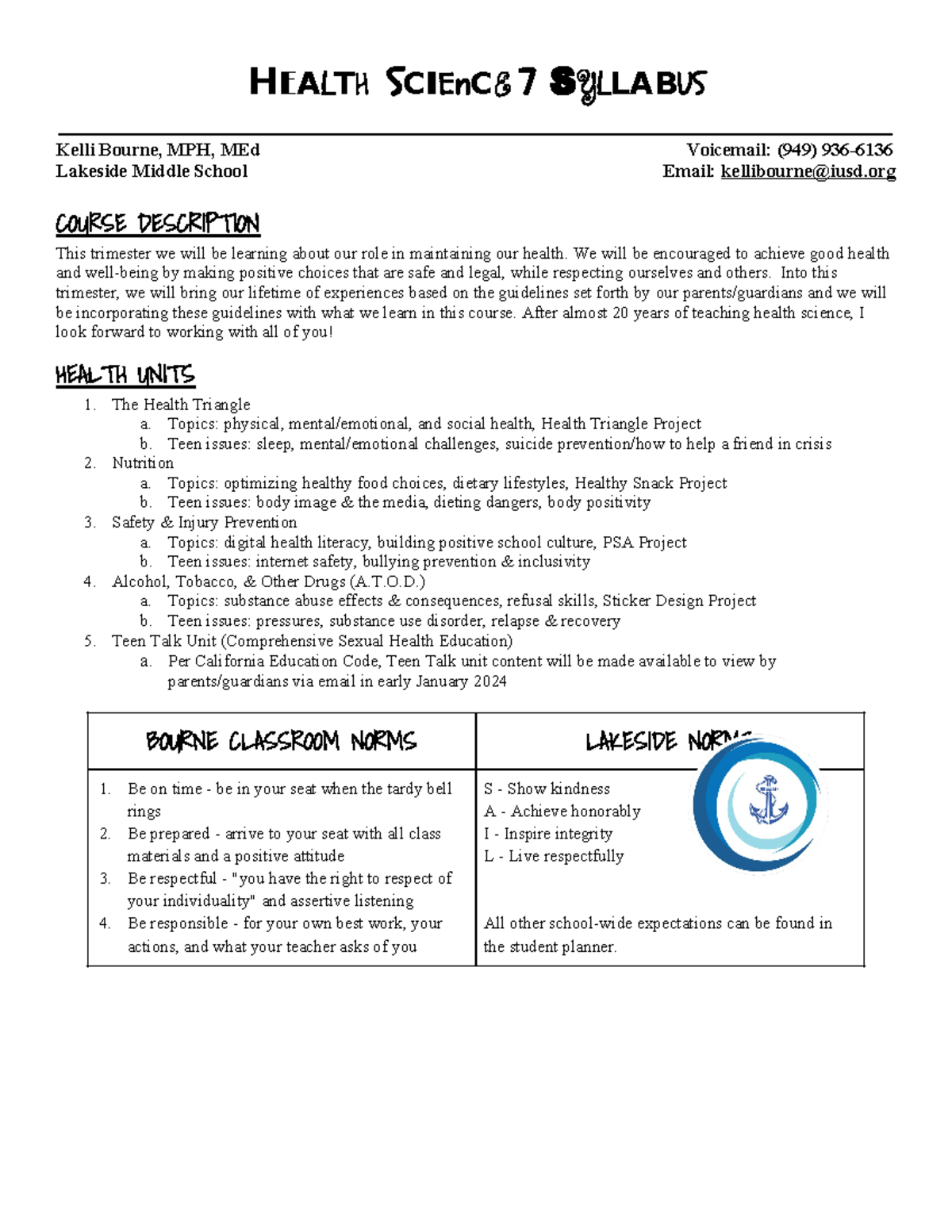 Copy of 1. Health Science Syllabus 2023 2024 - HEALTH SCIEnCE 7 ...