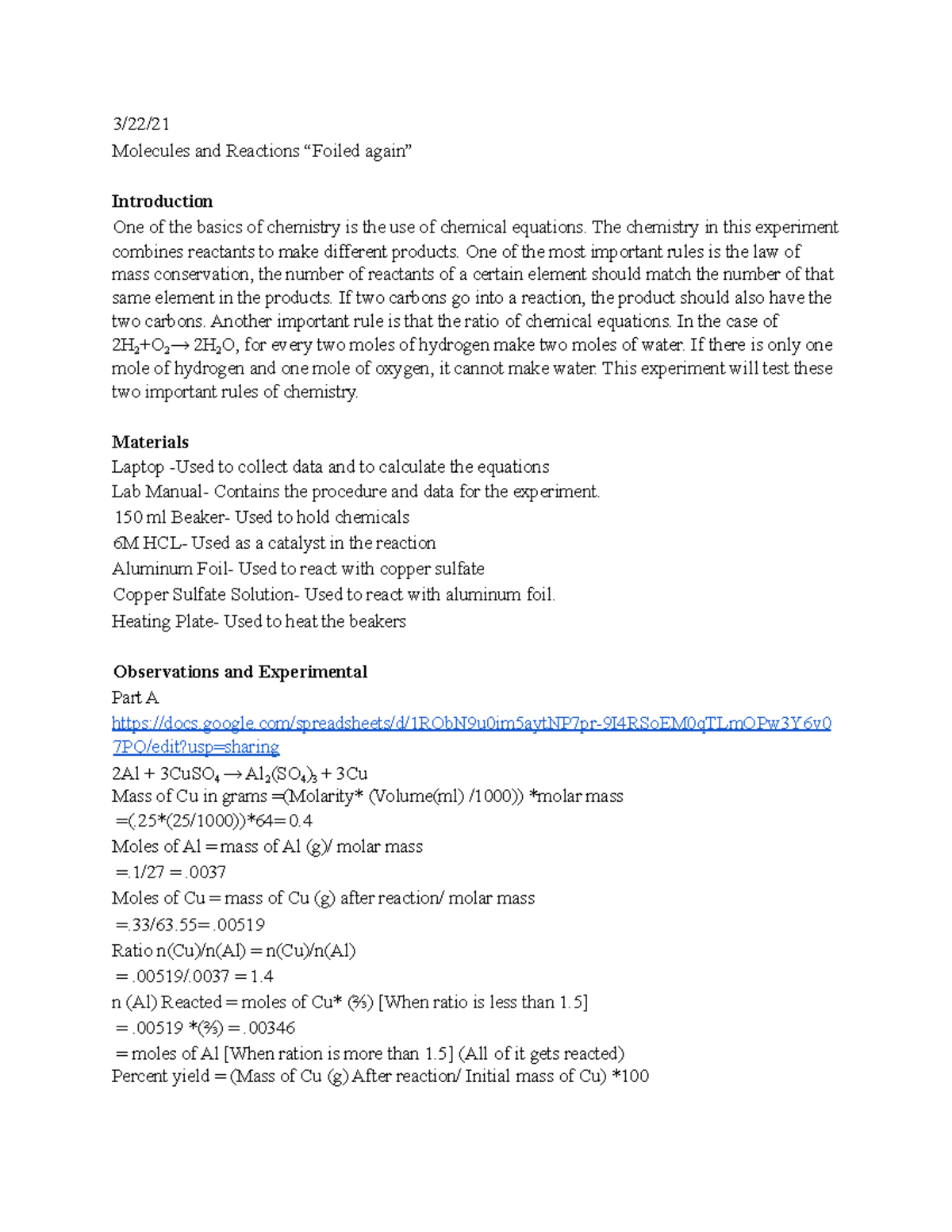 Lab report 8 - 3/22/ Molecules and Reactions “Foiled again ...