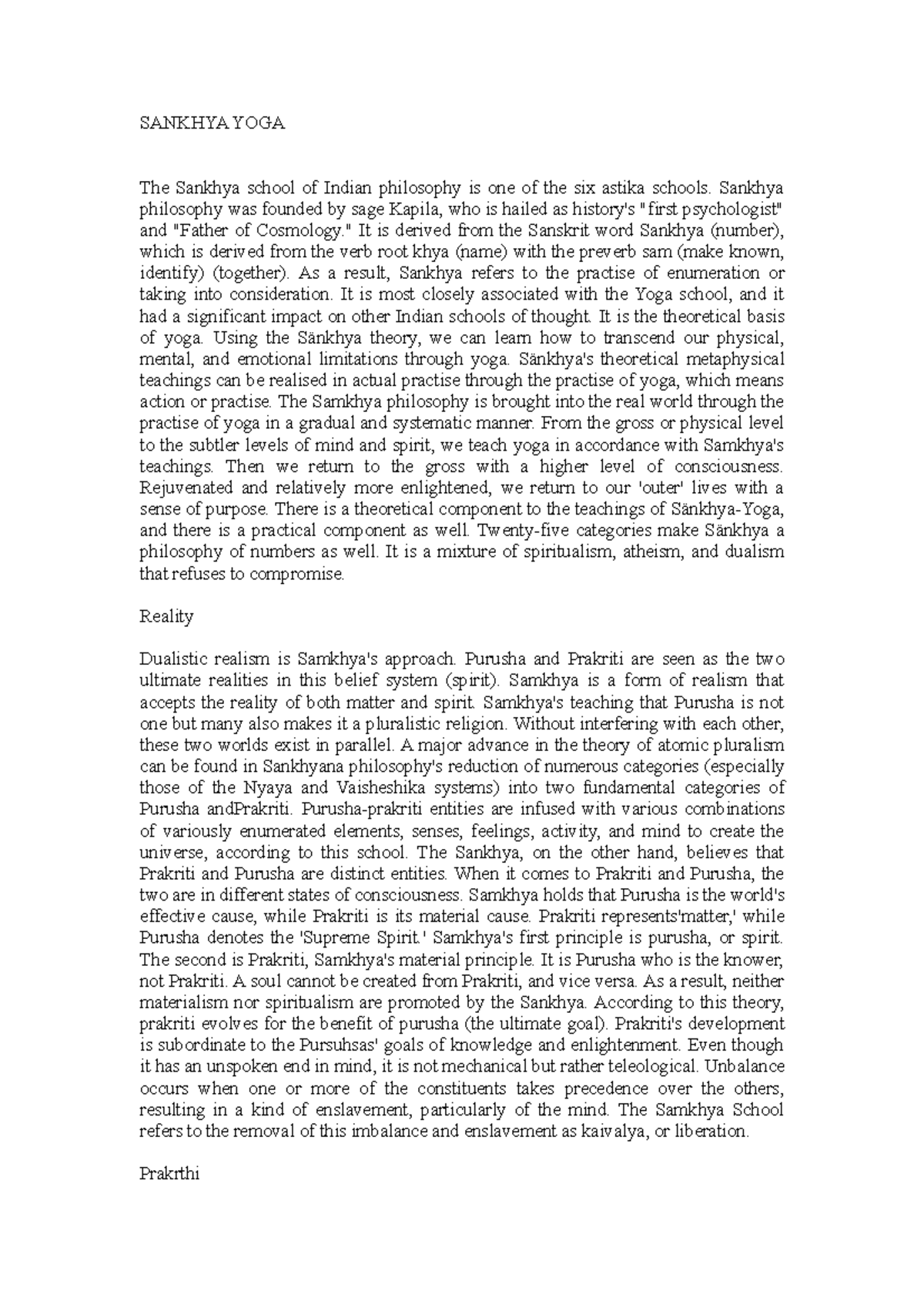 Sankhya YOGA - Lecture notes 6 - SANKHYA YOGA The Sankhya school of ...