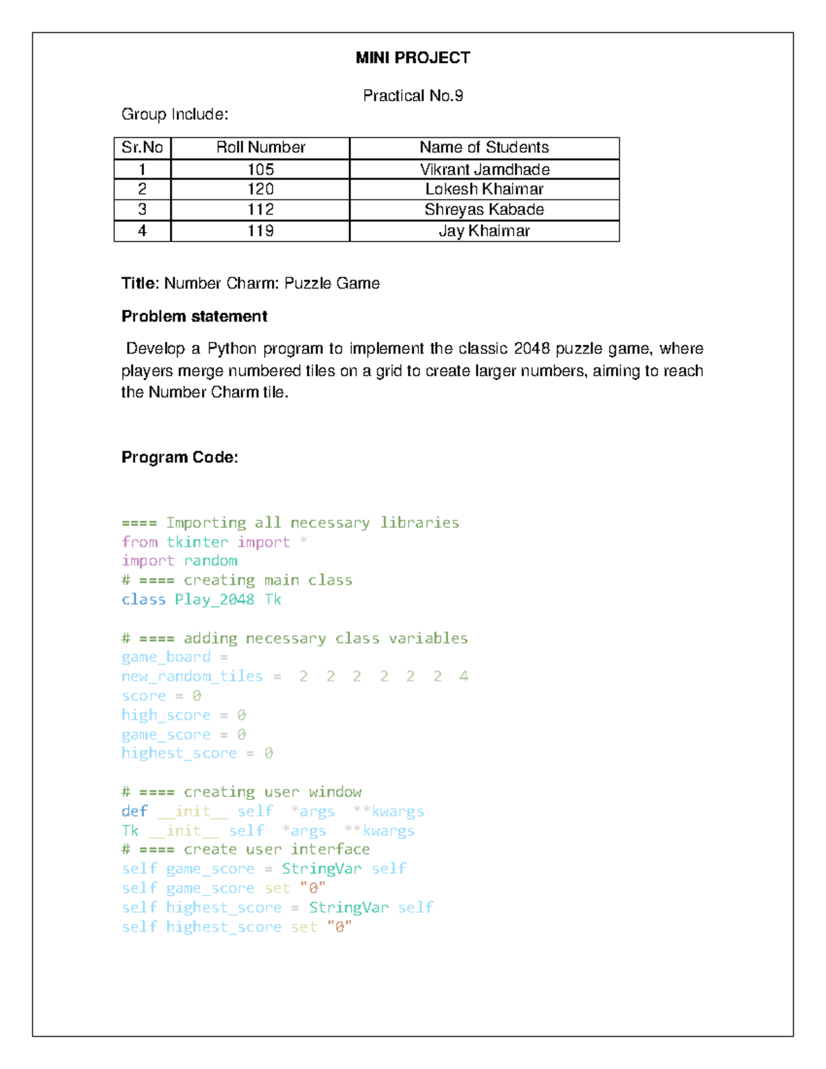 PPS MINI Project - no jkrgtekjn vjfhgoif kjb - MINI PROJECT Practical No. Group Include: Title ...