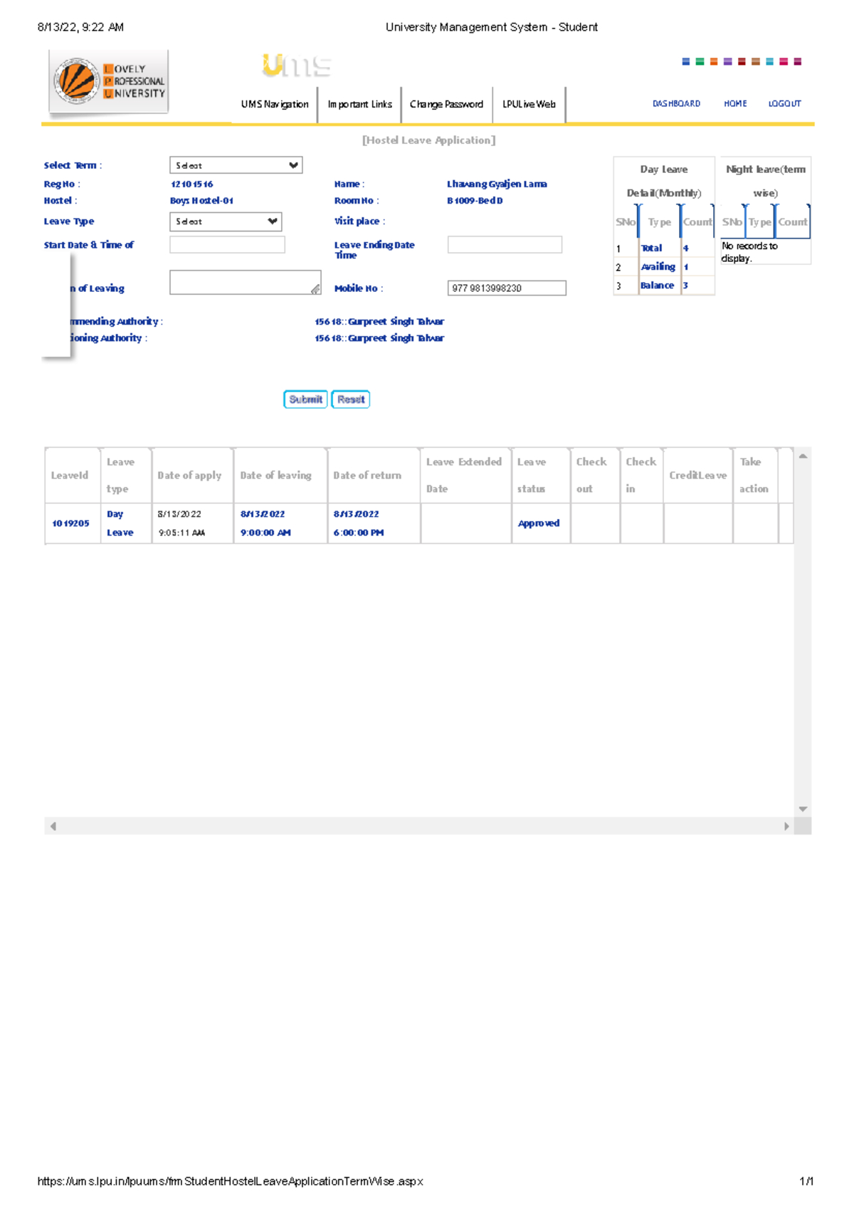 University Management System 1 - Student - lpu/lpuums/frmStudentHostelLeaveApplicationTermWise ...
