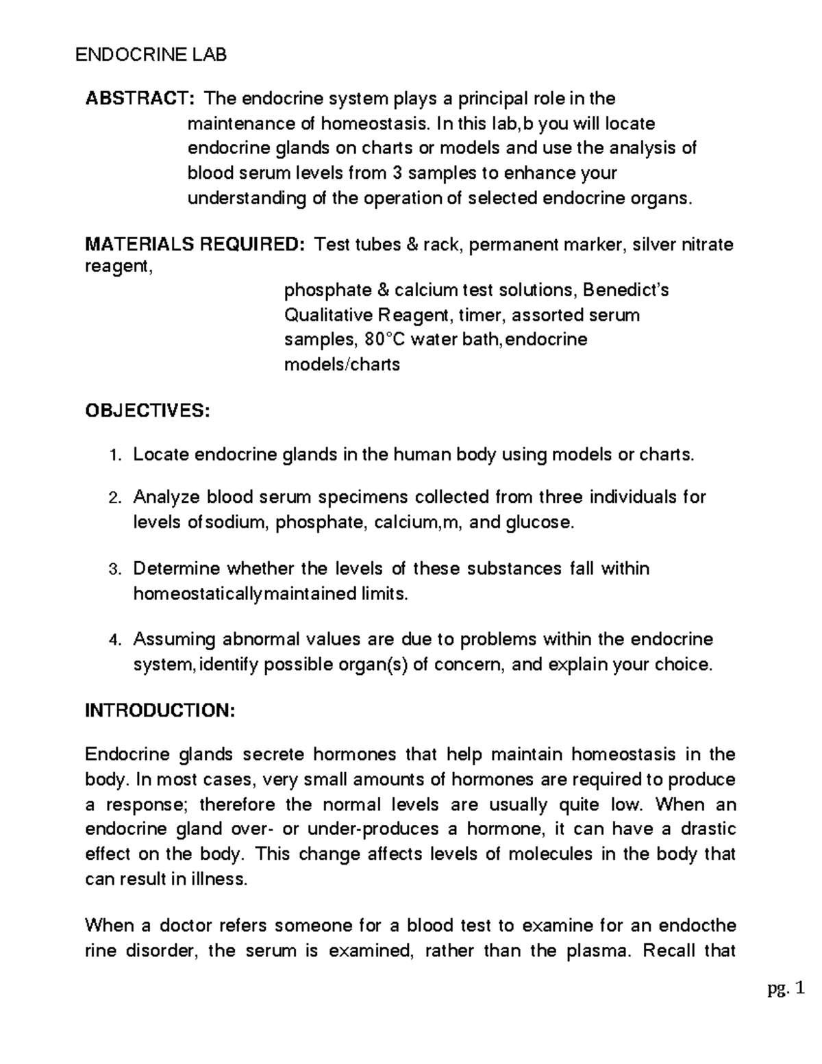 Human Anatomy AND Physiology 1203 Week 1 Endocrine lab 2022 - pg. 1 ...