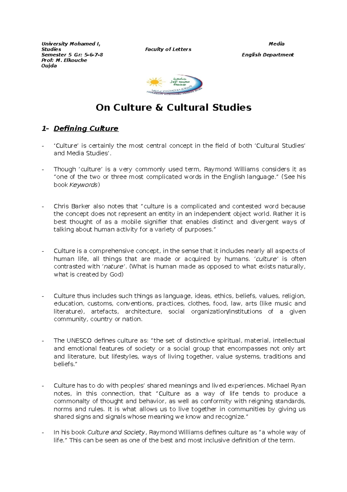 S5 On Culture Cultural Studies % - University Mohamed I, Media Studies ...