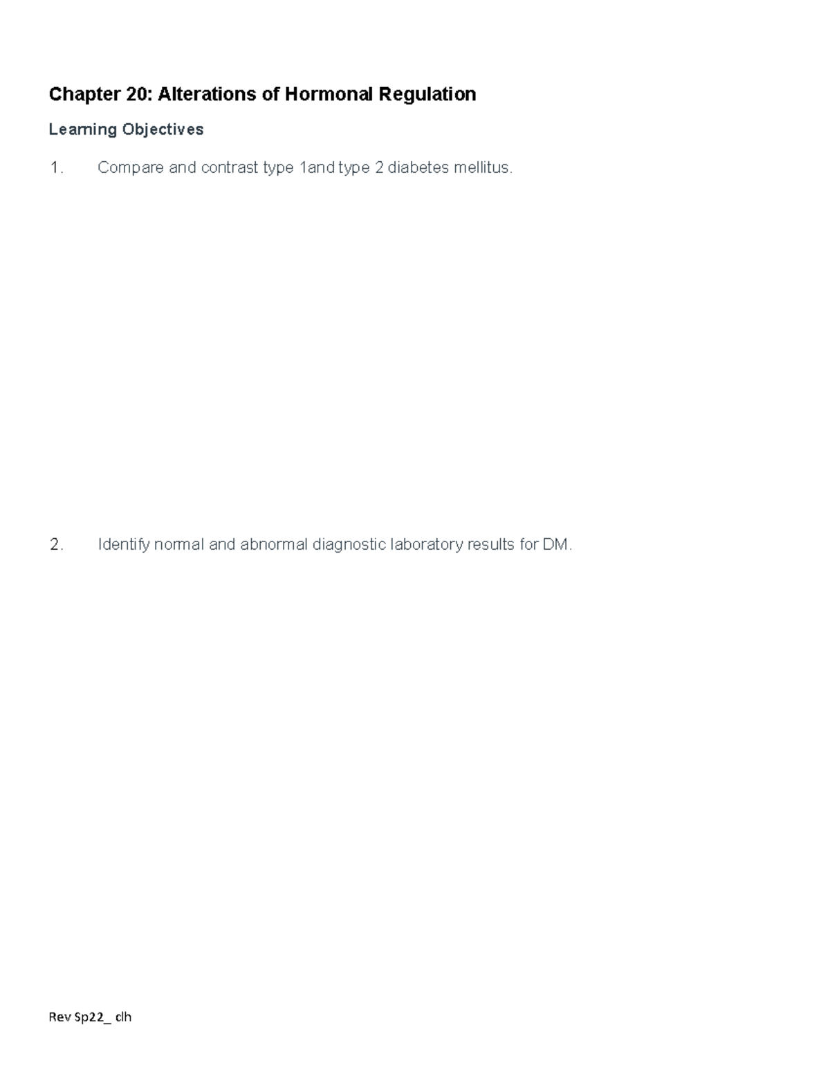 Diabetes Objectives Sp22 - ENGL - Chapter 20: Alterations of Hormonal ...