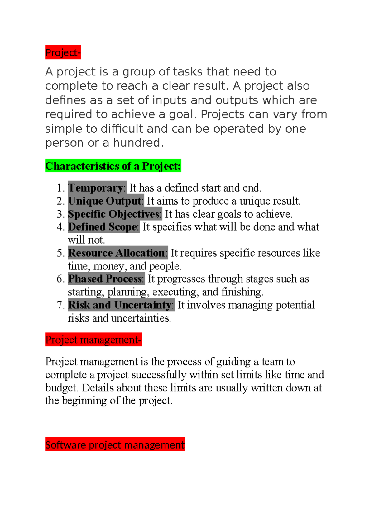 SPM 1 - notes - Project- A project is a group of tasks that need to ...