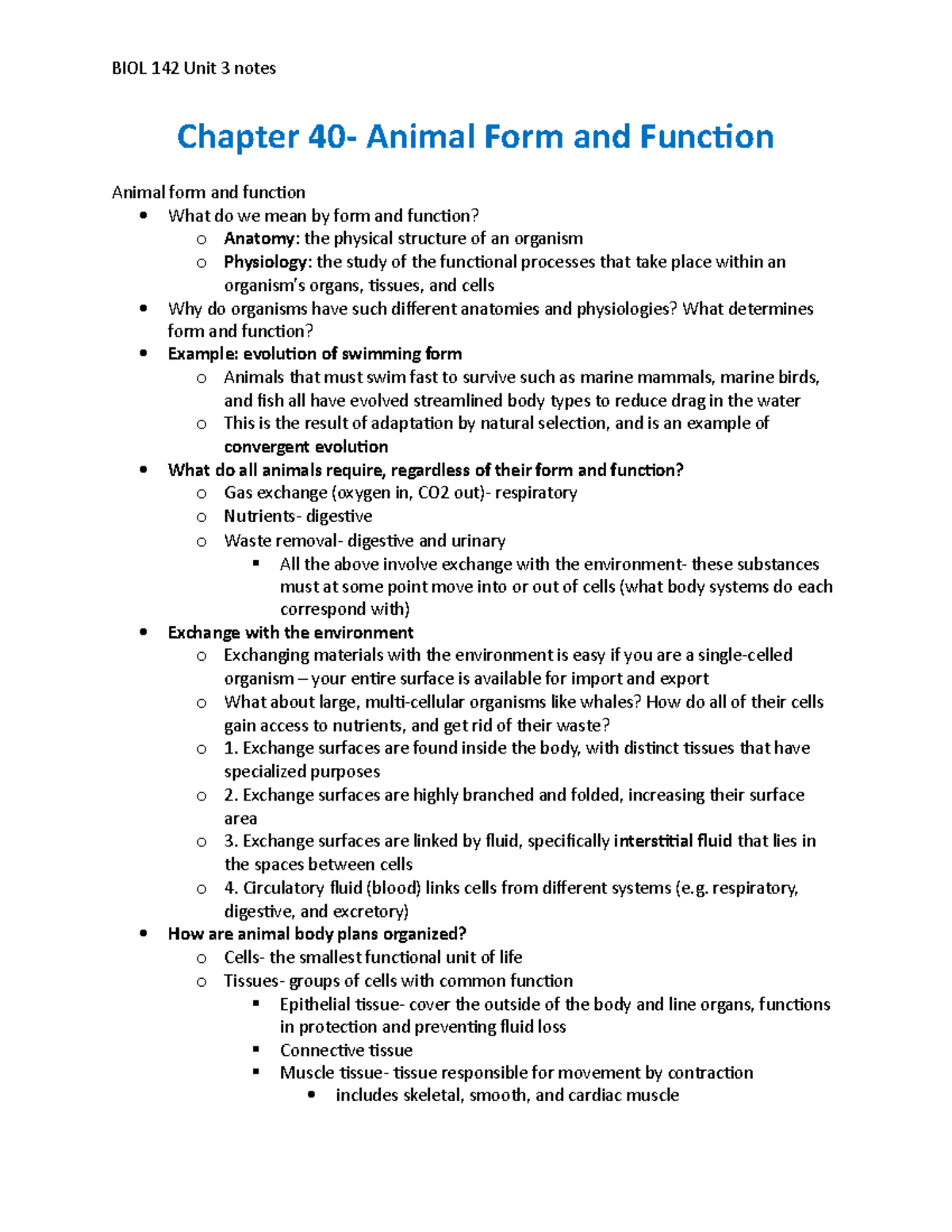 Bio Notes Unit 3 - Chapter 40- Animal Form and Function Animal form and ...