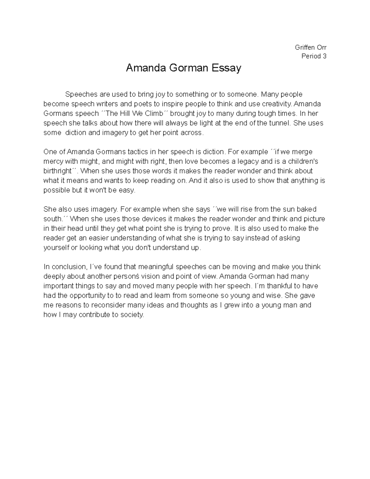 Amanda Gorman speech analysis essay - Griffen Orr Period 3 Amanda ...