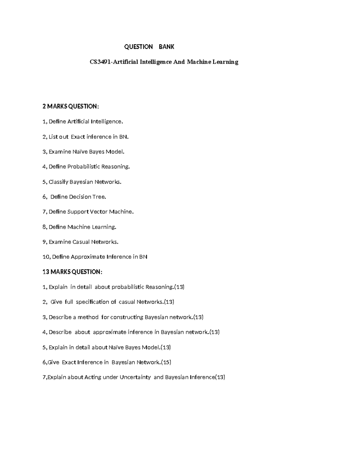 AI ML Question BANK - Artificial Intelligence And Machine Learning - QUESTION BANK CS3491 ...