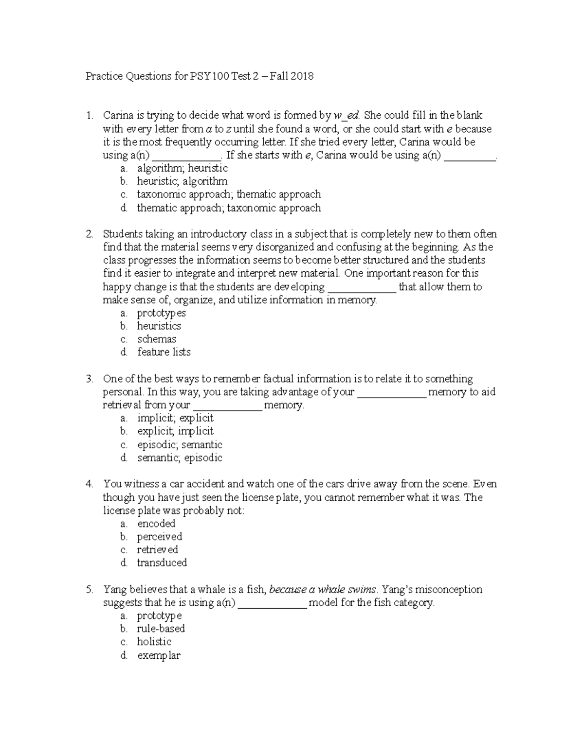 PSY100 Practice Test (Exam) - Practice Questions for PSY100 Test 2 ...