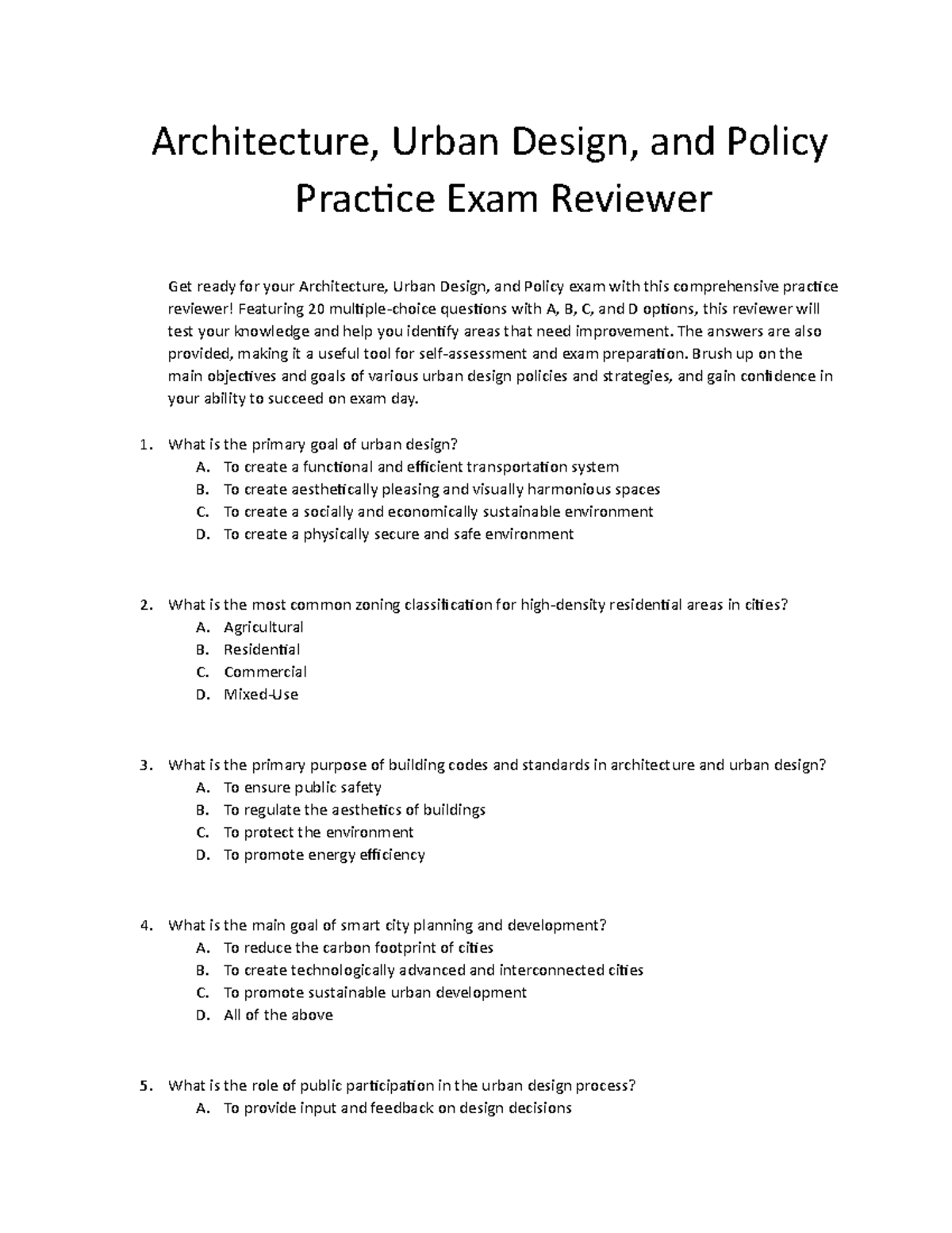 Architecture, Urban Design, and Policy Practice Exam Reviewer - The ...
