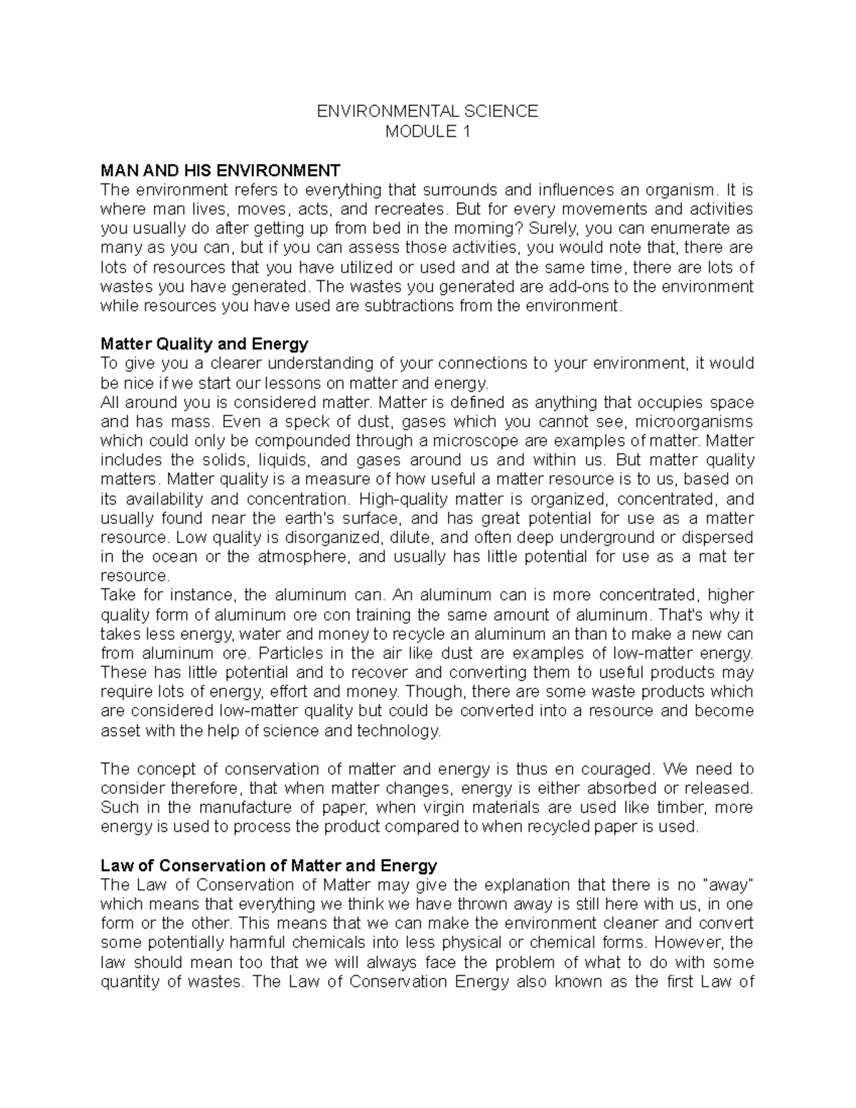 Environmental Science - ENVIRONMENTAL SCIENCE MODULE 1 MAN AND HIS ...
