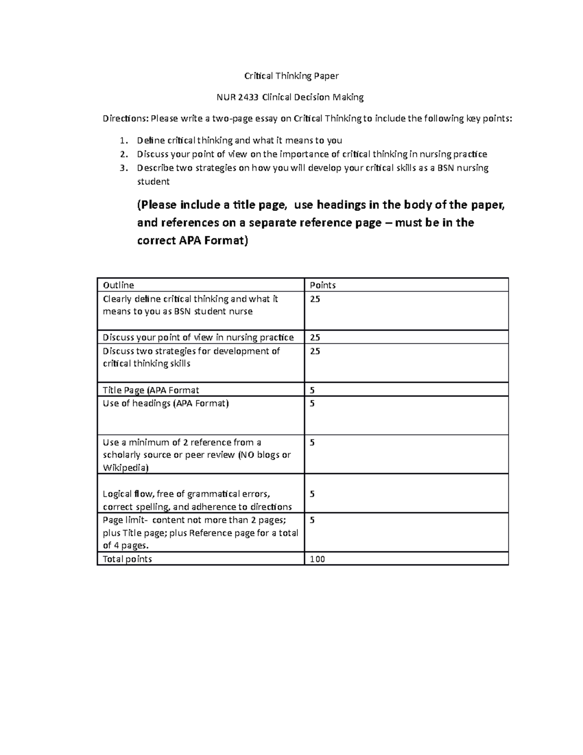 Critical Thinking Paper Rubric Revised - Critical Thinking Paper NUR ...