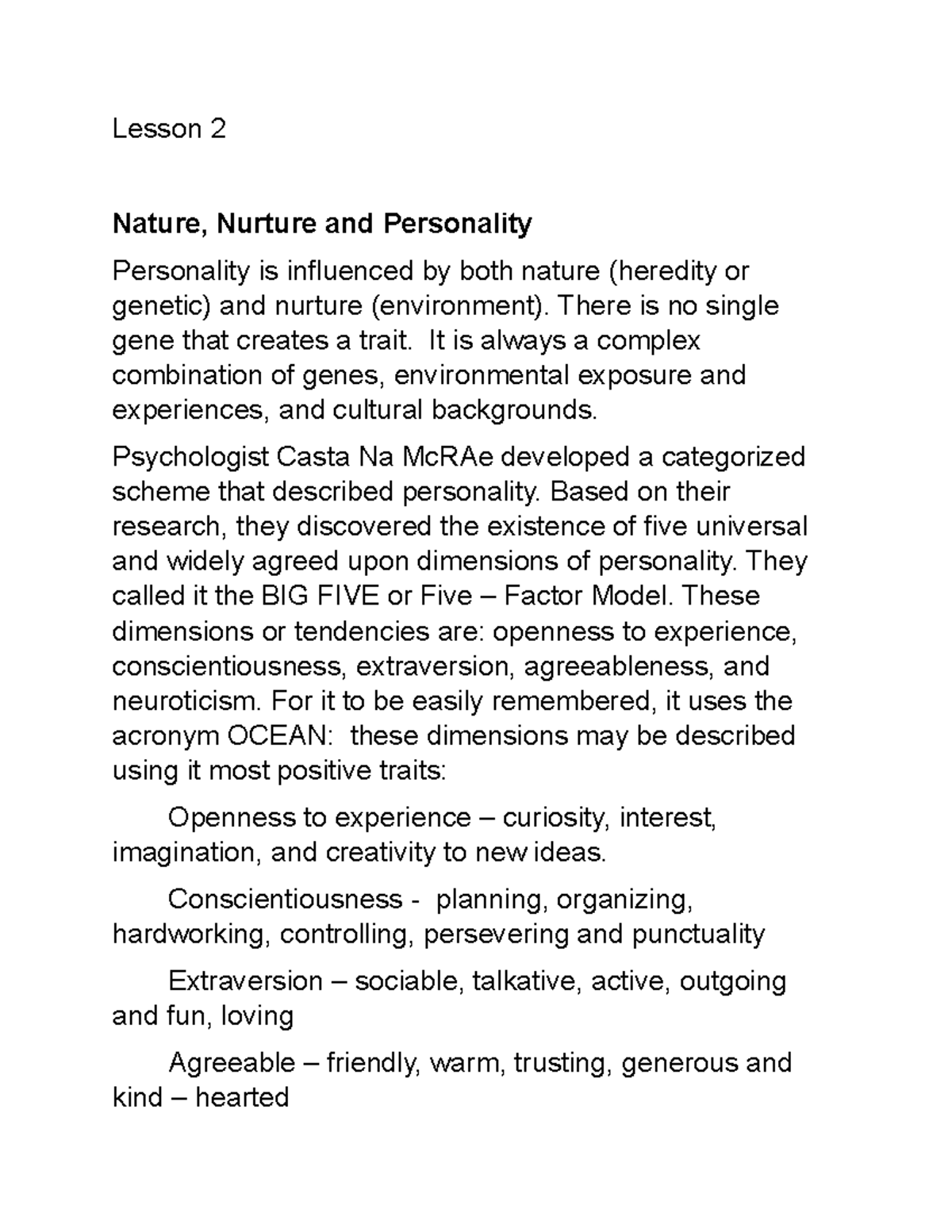Lesson 2 - notes - Lesson 2 Nature, Nurture and Personality Personality ...