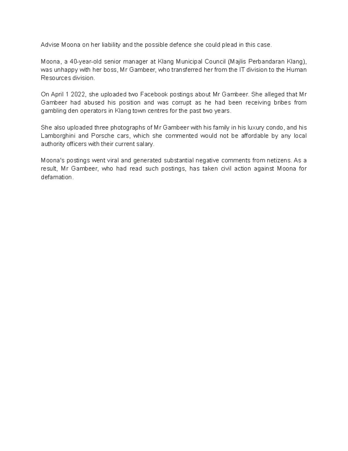 Example tutorial cyber defamation - Advise Moona on her liability and ...