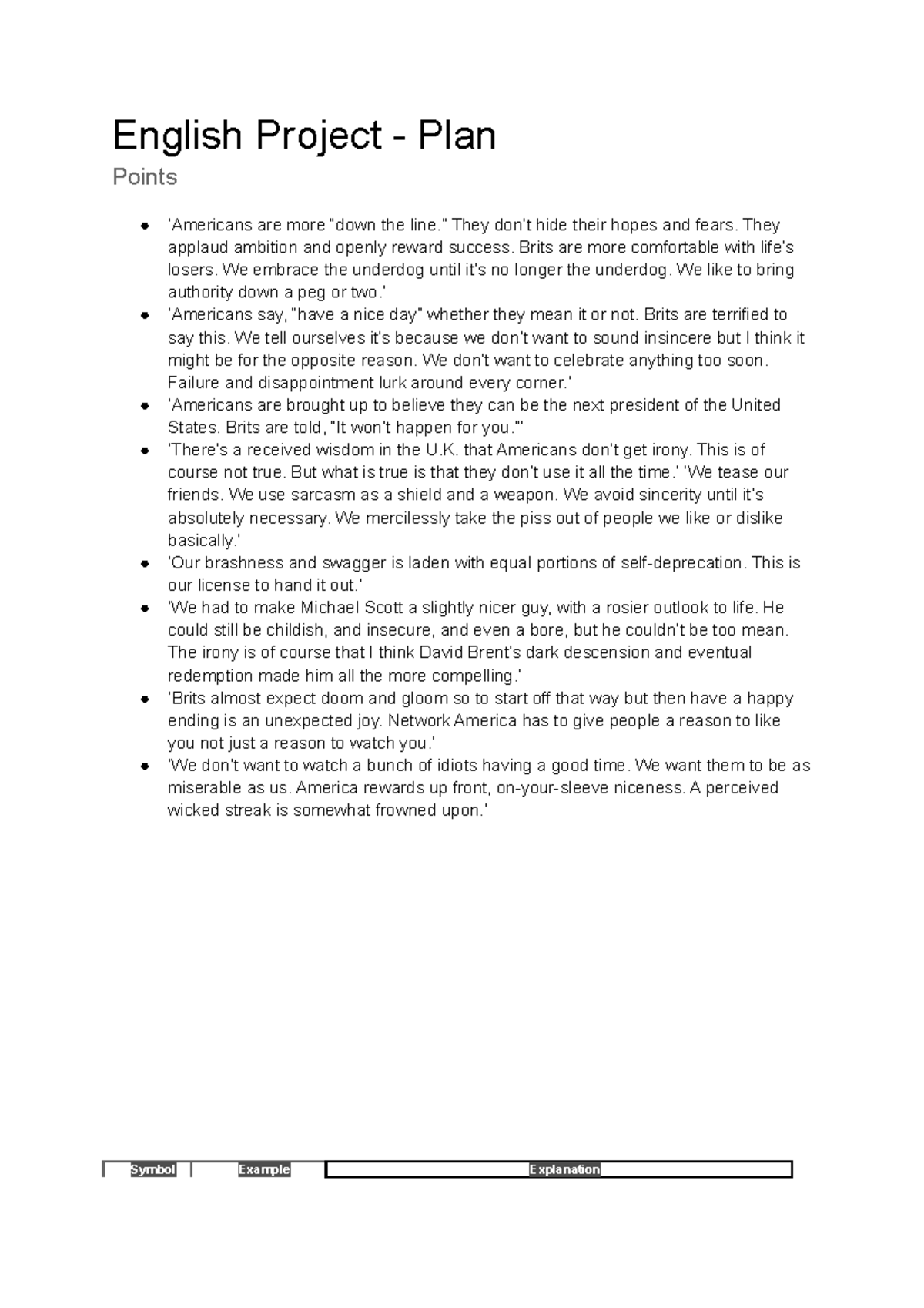 English Project - Plan - English Project - Plan Points ‘Americans are ...