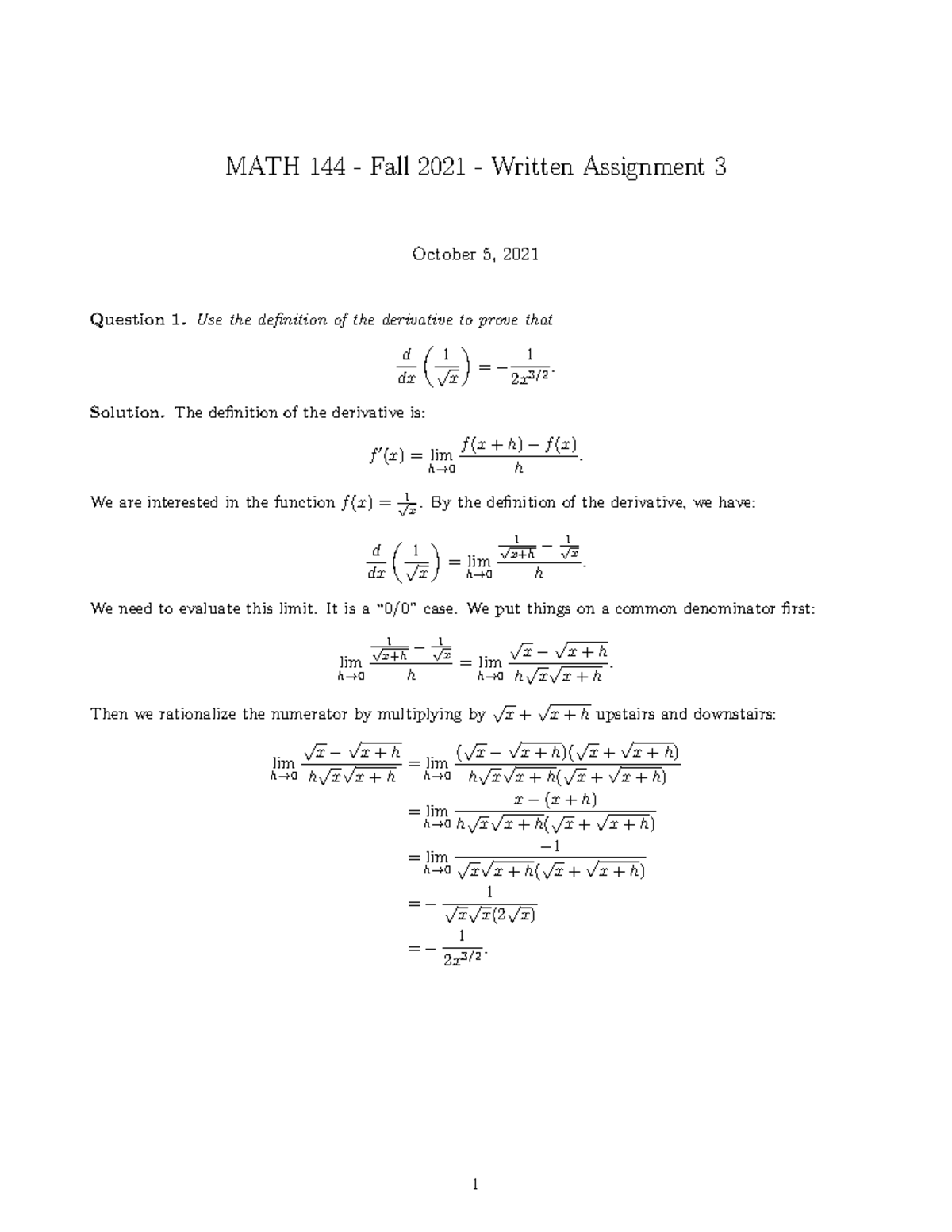Assignment 3 solutions - MATH 144 - Fall 2021 - Written Assignment 3 ...