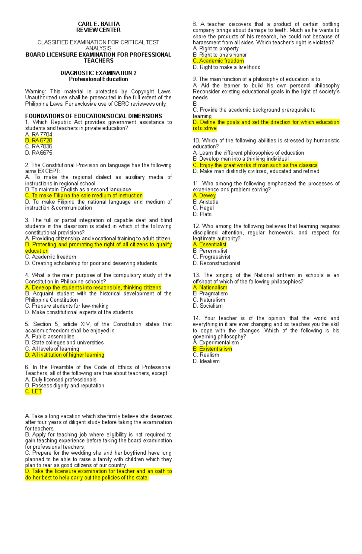 LET majorship and GenEd Reviewer - CARL E. BALITA REVIEW CENTER ...