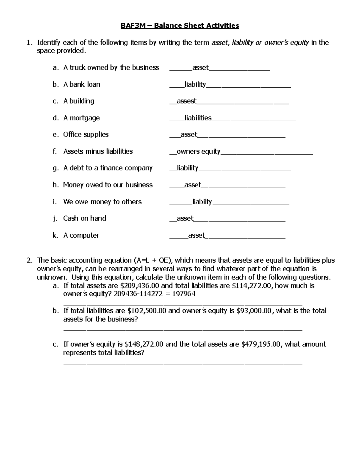 Copy Of Balance Sheet Activity BAF3M Balance Sheet Activities