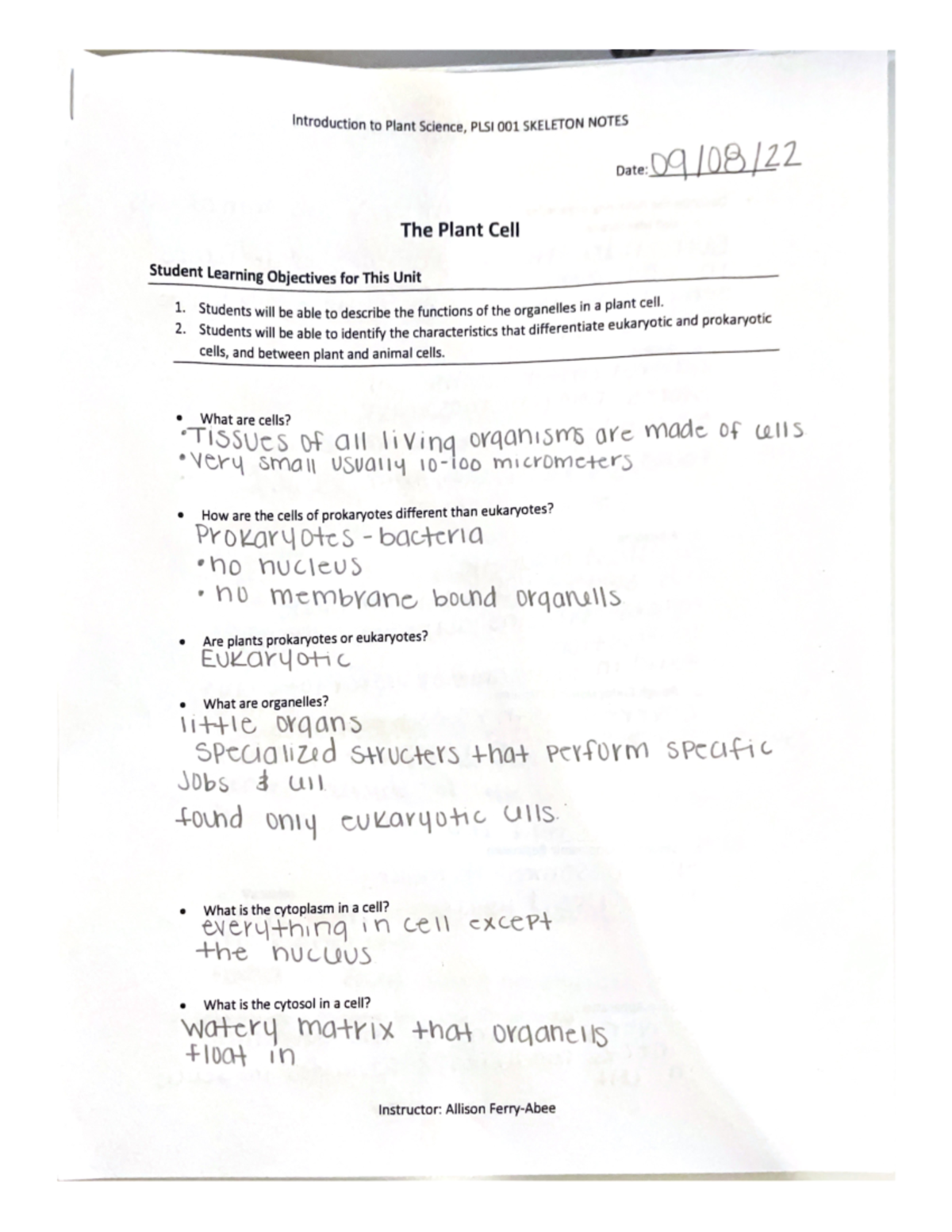 Introduction to Plant Science, PLSI 001 Skeleton Notes - PLSI 001 ...