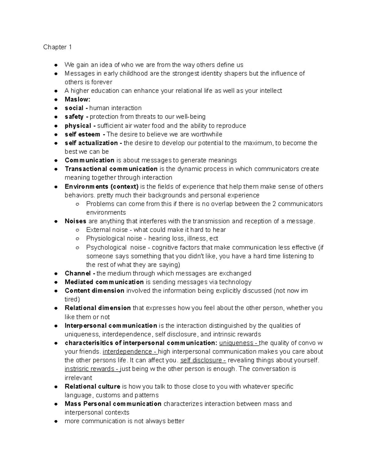 Interpersonal Communications Ch 1 4 Notes Chapter 1 We Gain An Idea