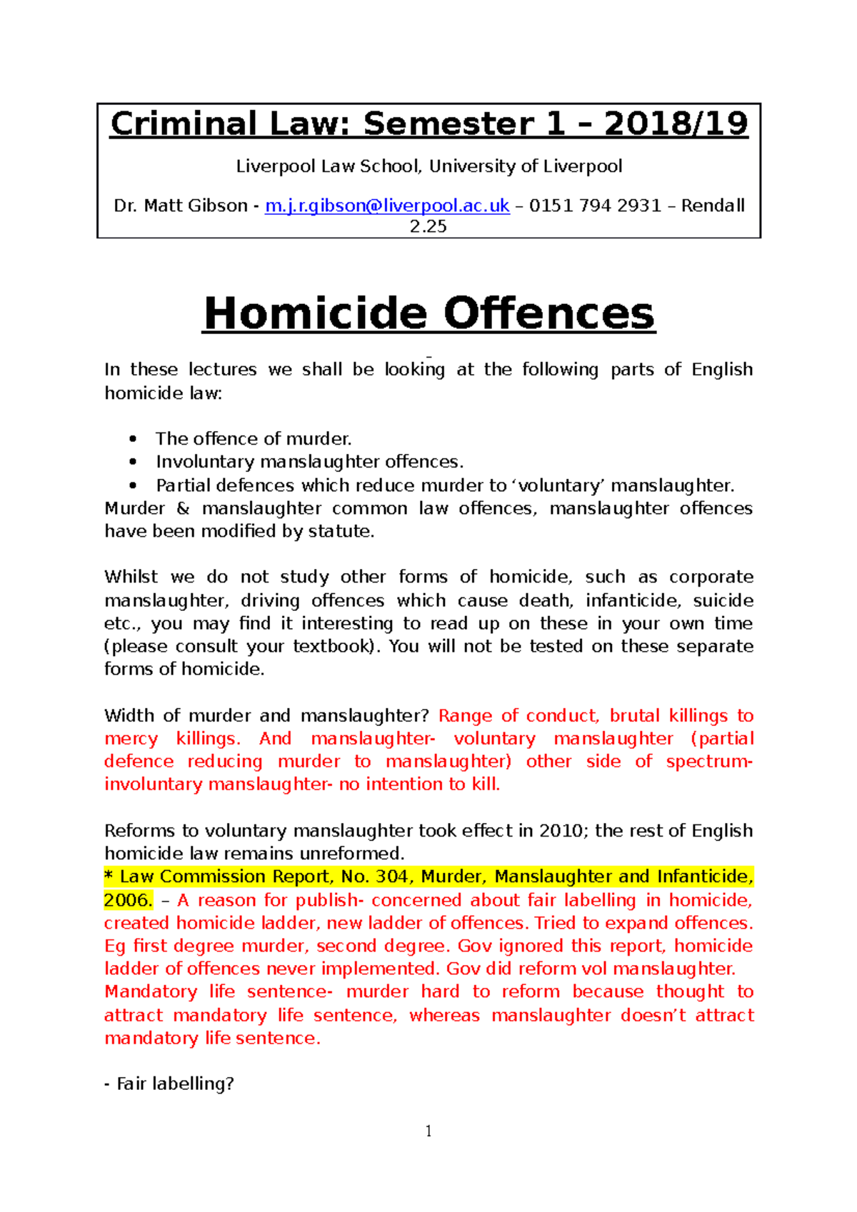 Homicide Handout - Lecture notes 3-6 - Criminal Law: Semester 1 – 2018 ...