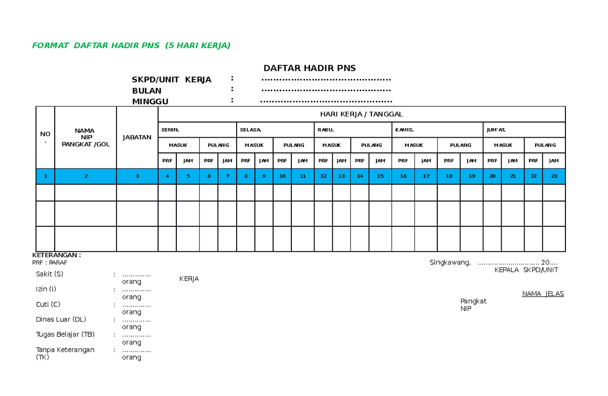 335997656 Format Absensi Harian - FORMAT DAFTAR HADIR PNS (5 HARI KERJA ...