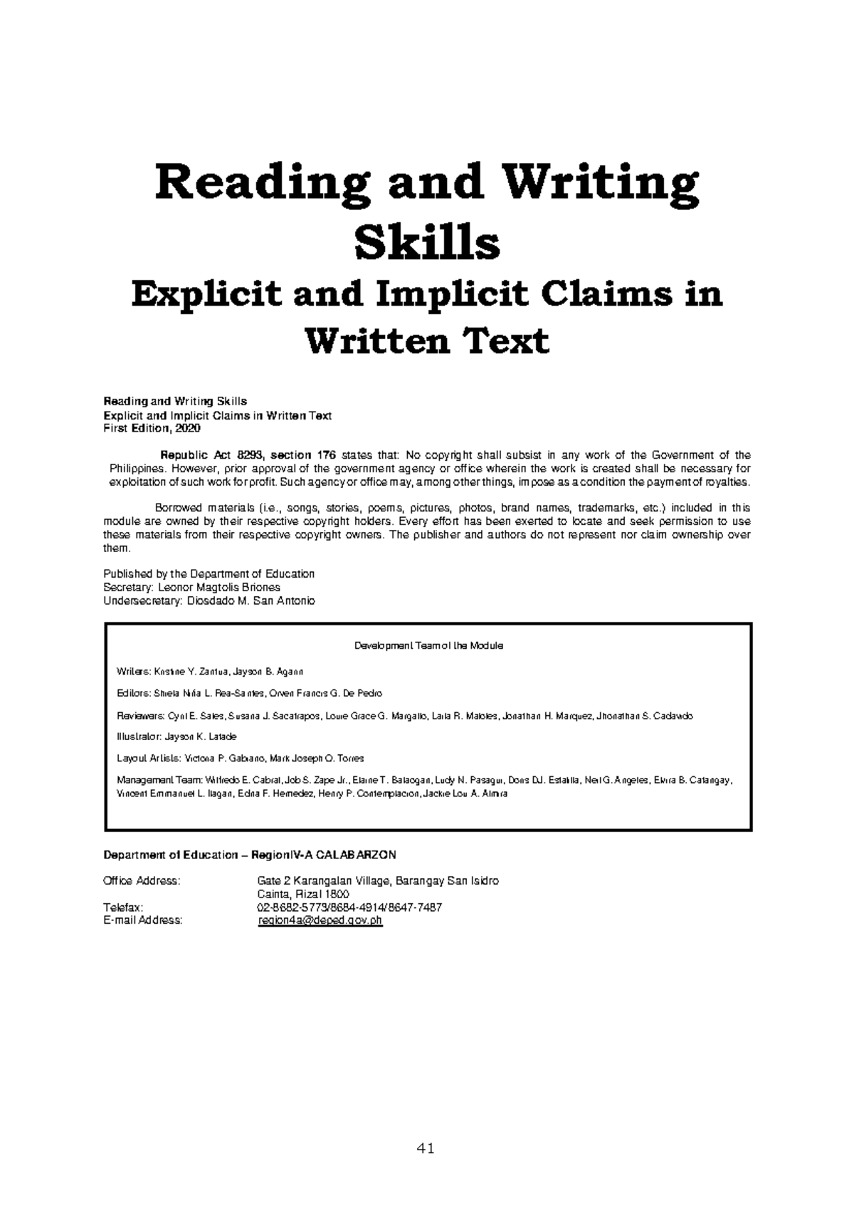RW Module 3 Explicit AND Implicit Claims ON A Written TEXT - Reading and Writing Skills Explicit ...