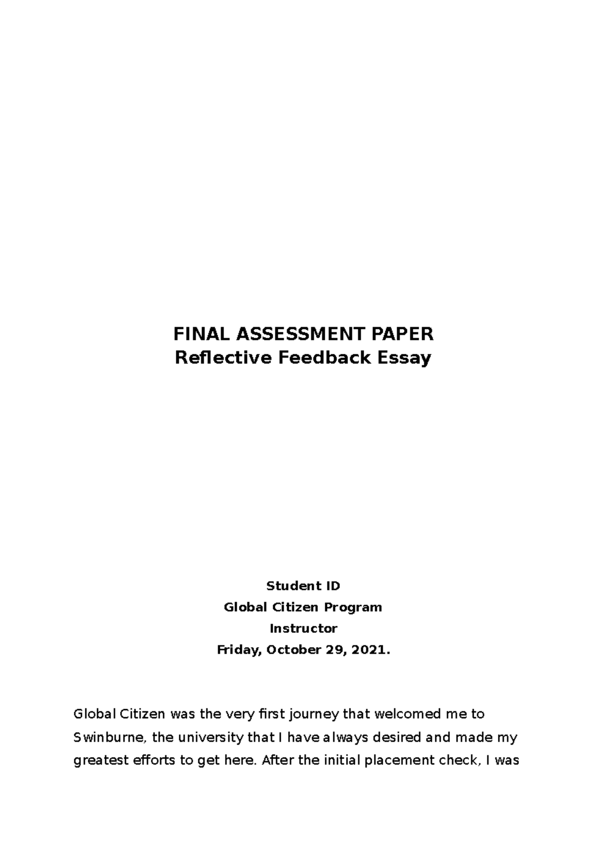 Final Assessment Reflective Feedback Essay - FINAL ASSESSMENT PAPER ...