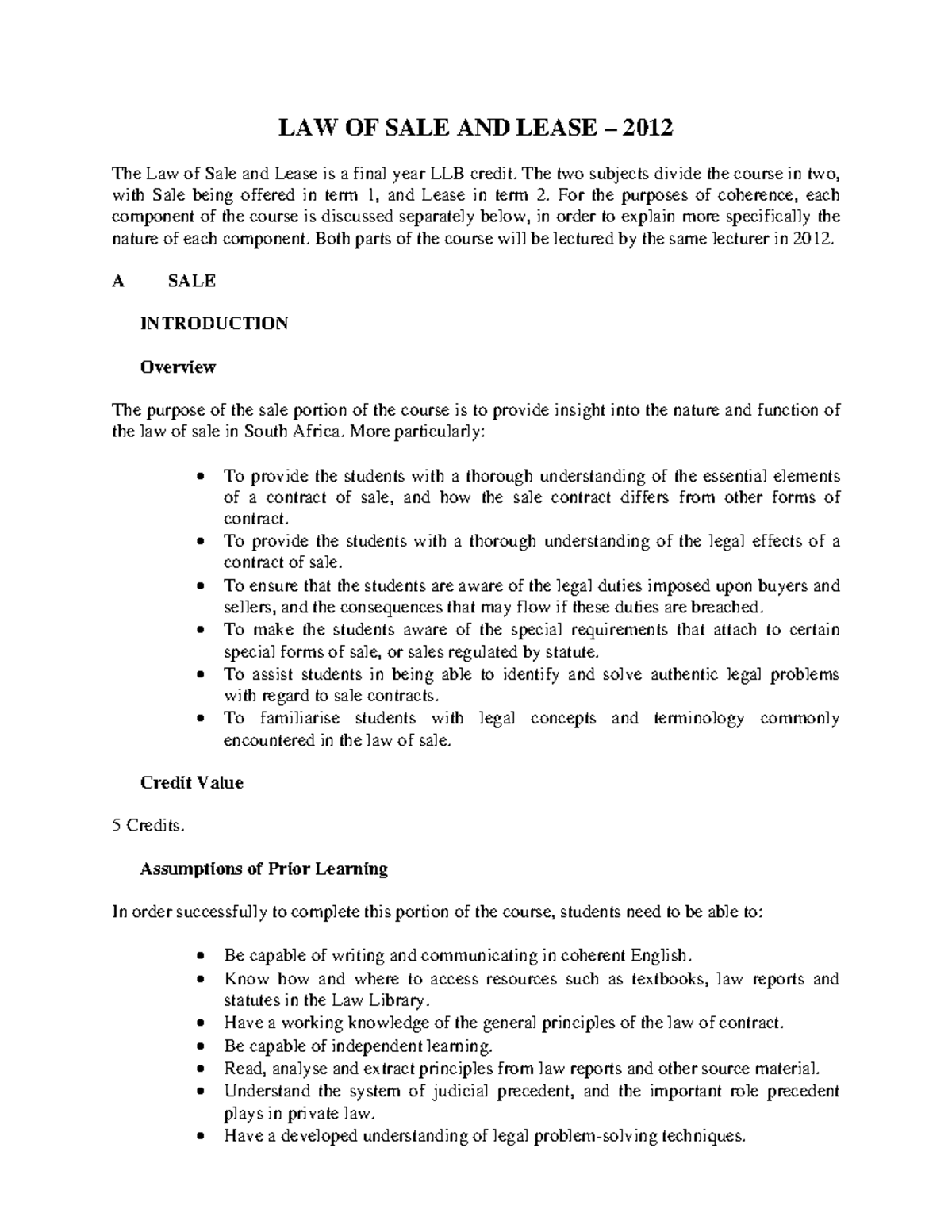 Law of Sale & Lease - LAW OF SALE AND LEASE – 2012 The Law of Sale and ...