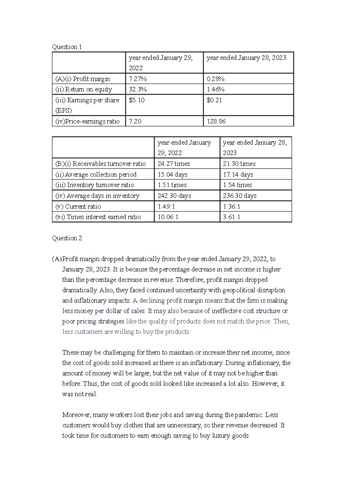 CB2100 case analysis - Question 1 year ended January 29, 2022 year ended January 28, 2023. (A)(i ...