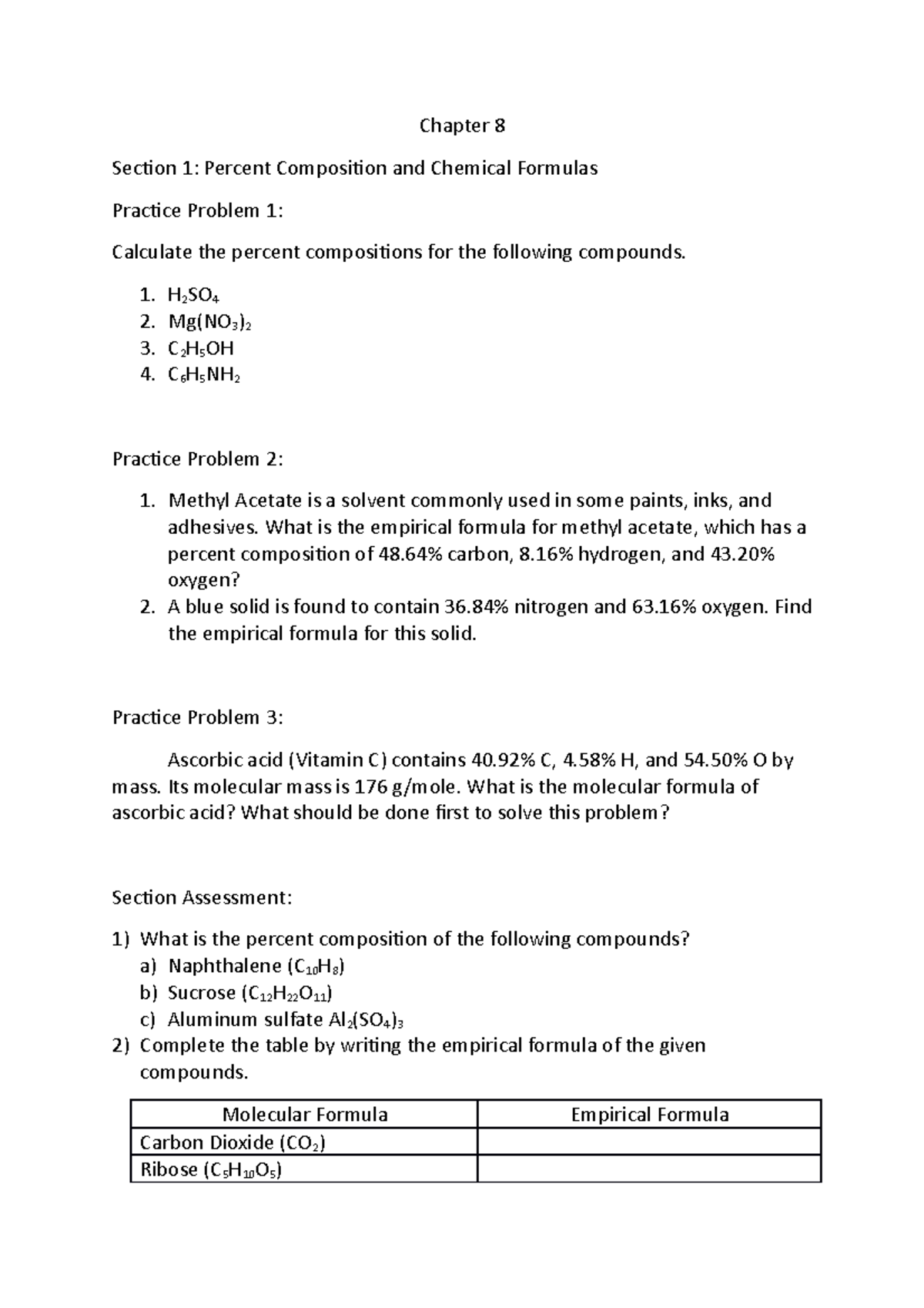 Chapter 8 activity - Chapter 8 Section 1: Percent Composition and ...