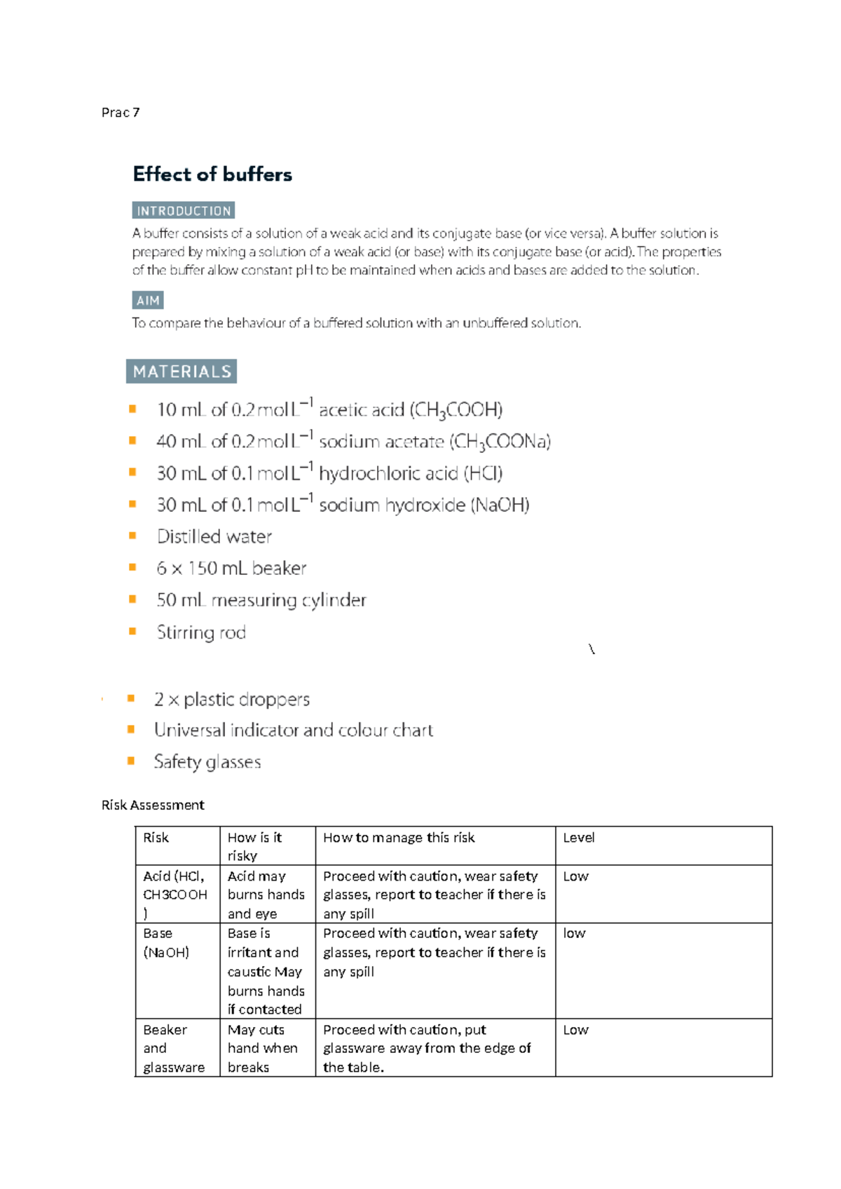 Prac 7 Buffers - fee - Prac 7 Risk Assessment Risk How is it risky How ...