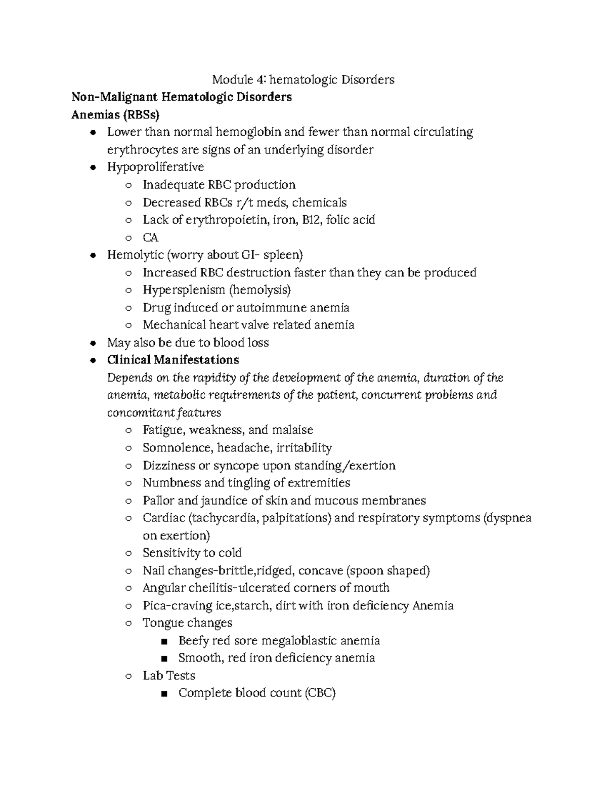 Med surg week 6 - Module 4 hematologic Disorders Non-Malignant ...