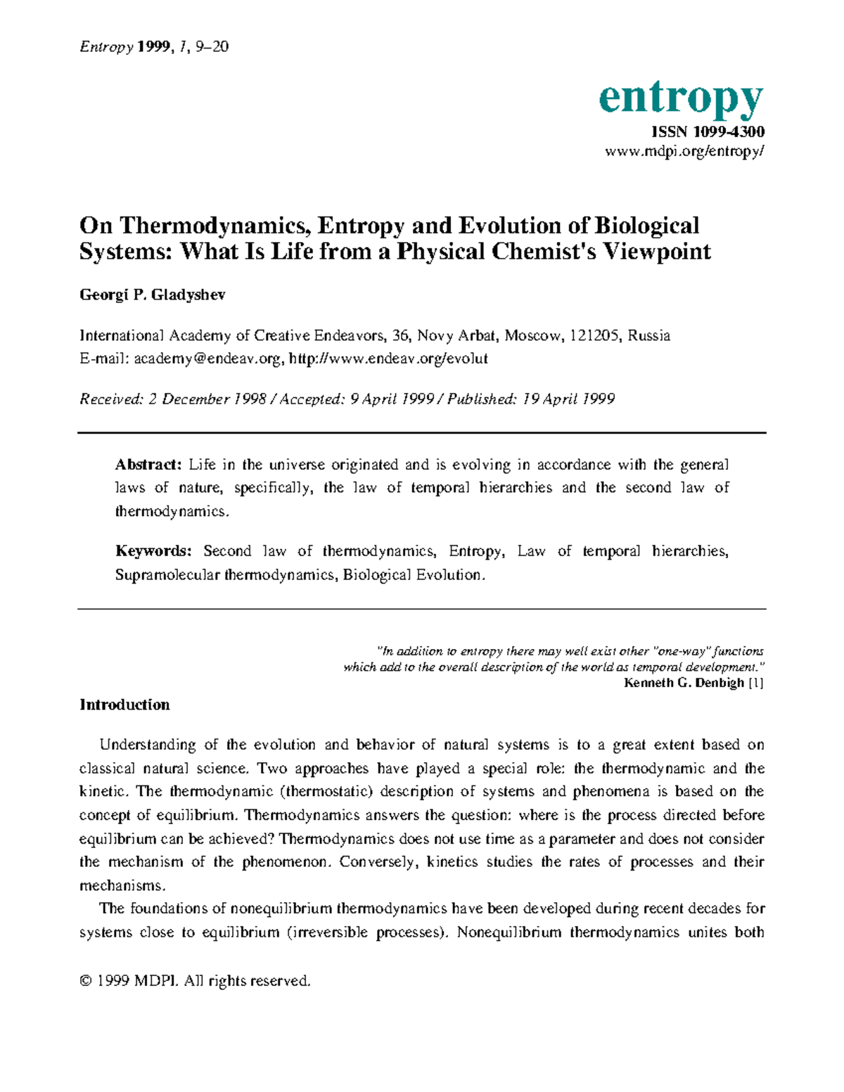 Entropy 01 00009 Lecture Notes © 1999 Mdpi All Rights Reserved