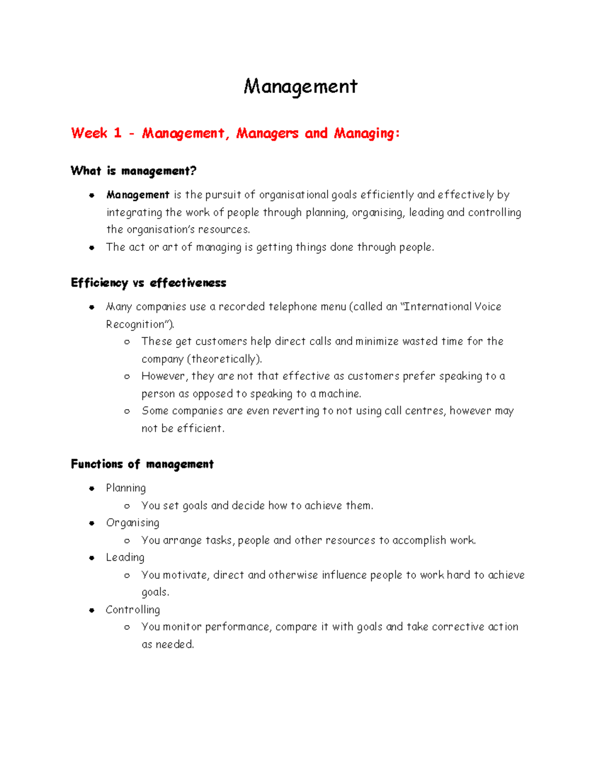 MGMT1002 Week 1 Notes - Management Week 1 - Management, Managers and ...