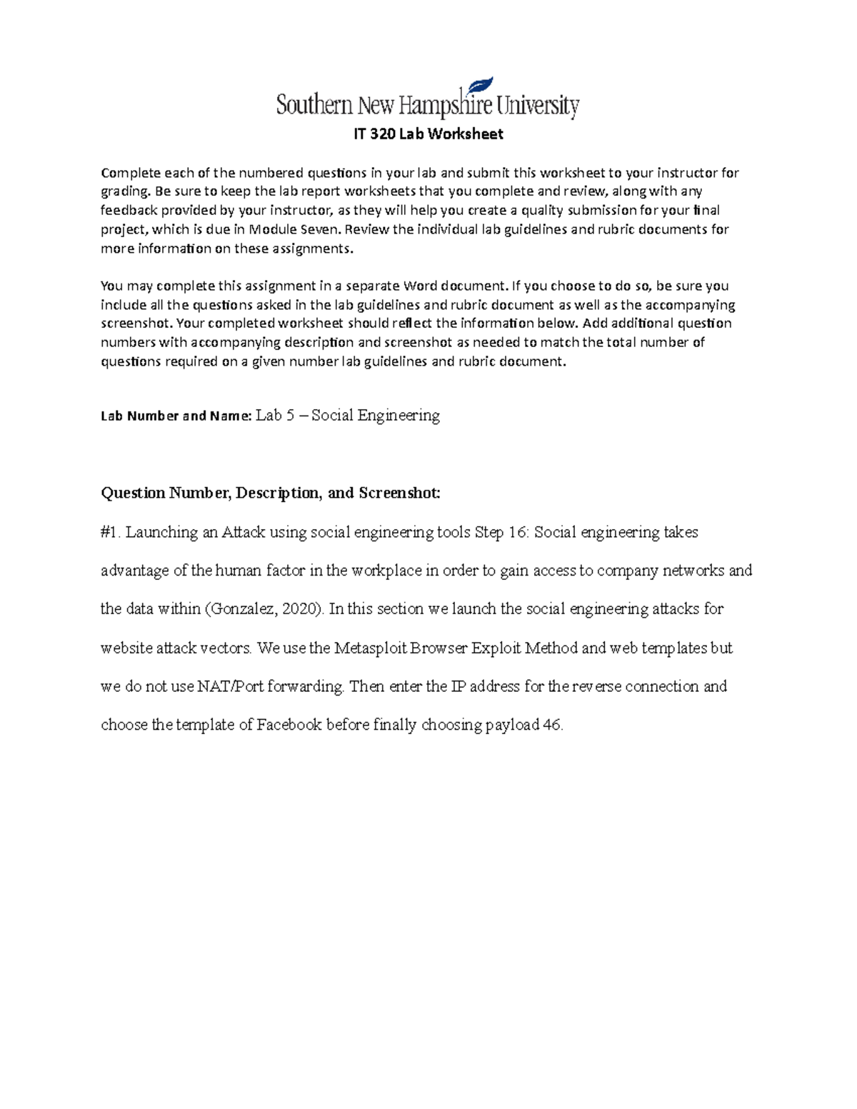IT 320 Lab Worksheet Lab5 - Social Engineering using SET - IT 320 Lab ...