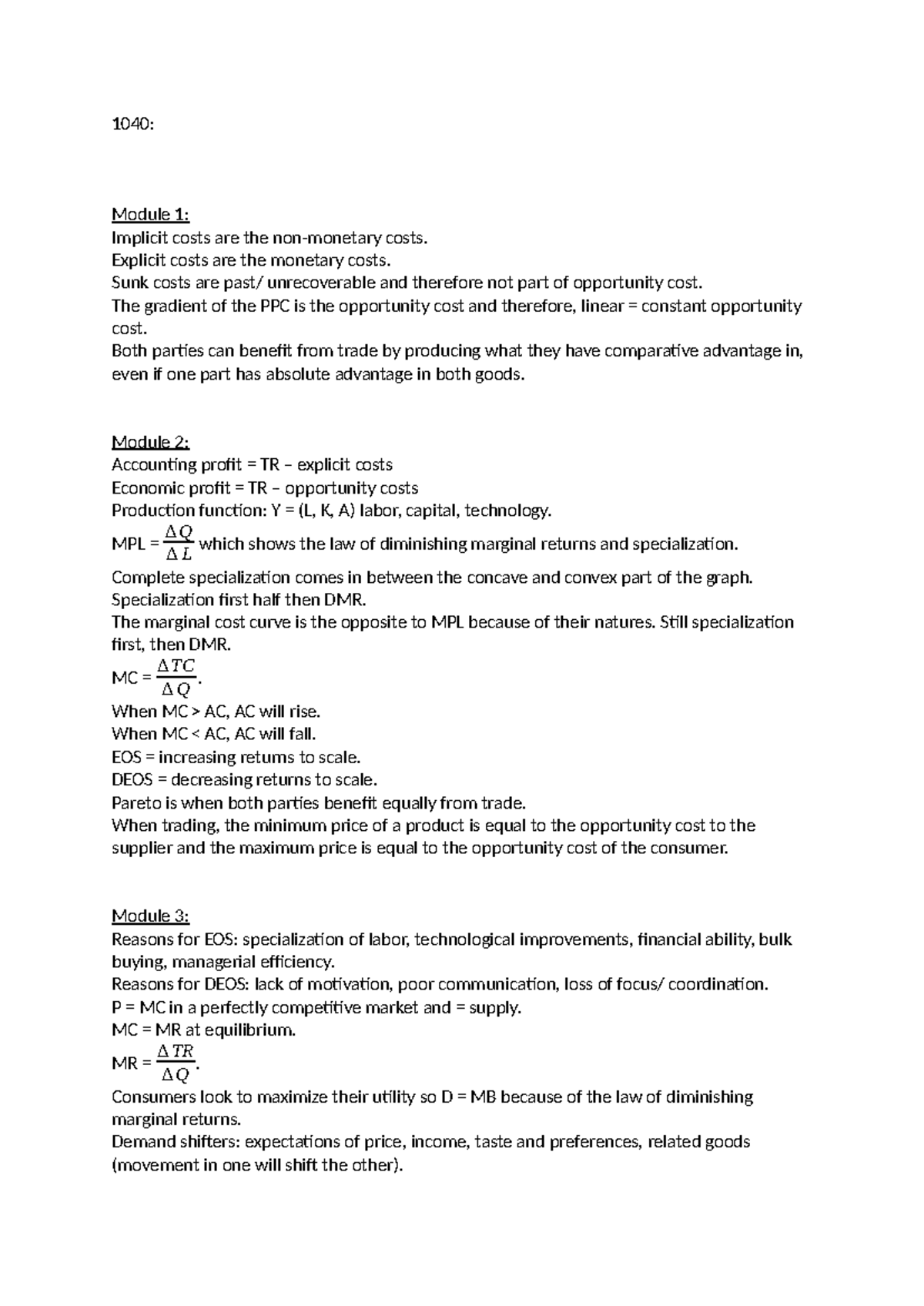 1040 Final exam notes - 1040: Module 1: Implicit costs are the non ...