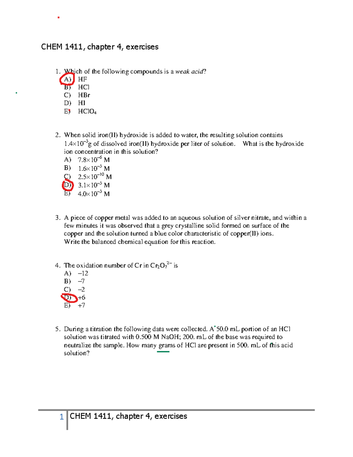 1411 chapter 4 exercises with answers - CHEM 1411, chapter 4, exercises ...
