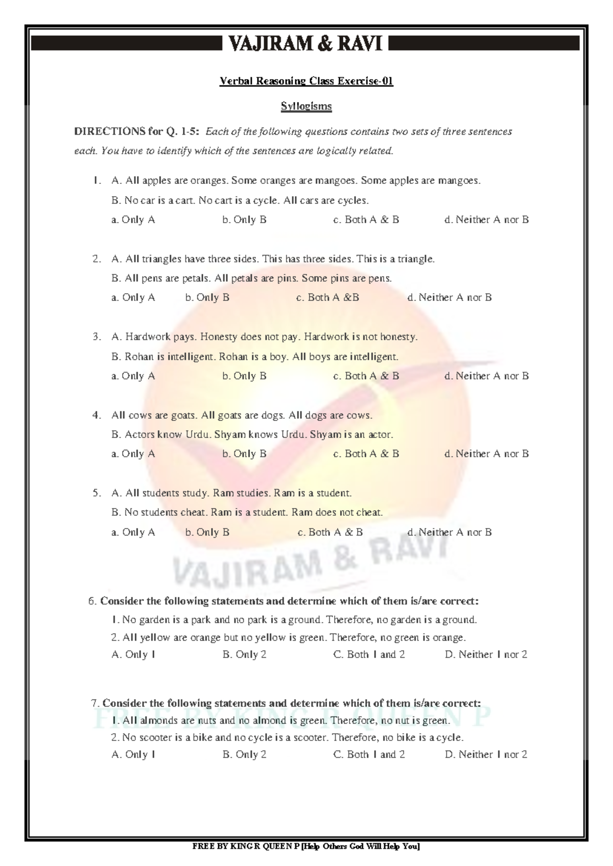 English handouts 2024 - Verbal Reasoning Class Exercise- Syllogisms ...